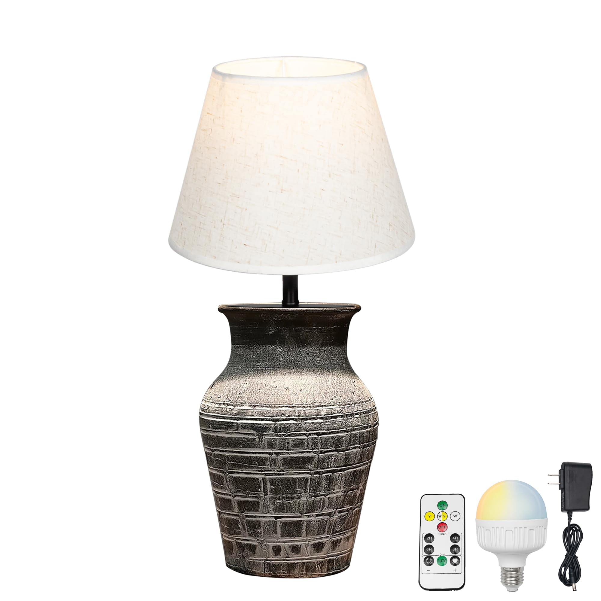FSLiving Rustic Terracotta Ceramic Pot Table Lamp Rechargeable Battery ...