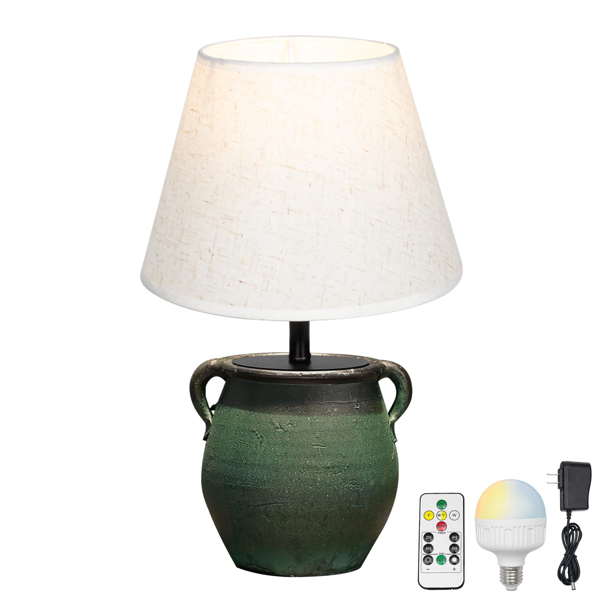 FSLiving Rustic Terracotta Ceramic Pot Table Lamp Rechargeable Battery ...