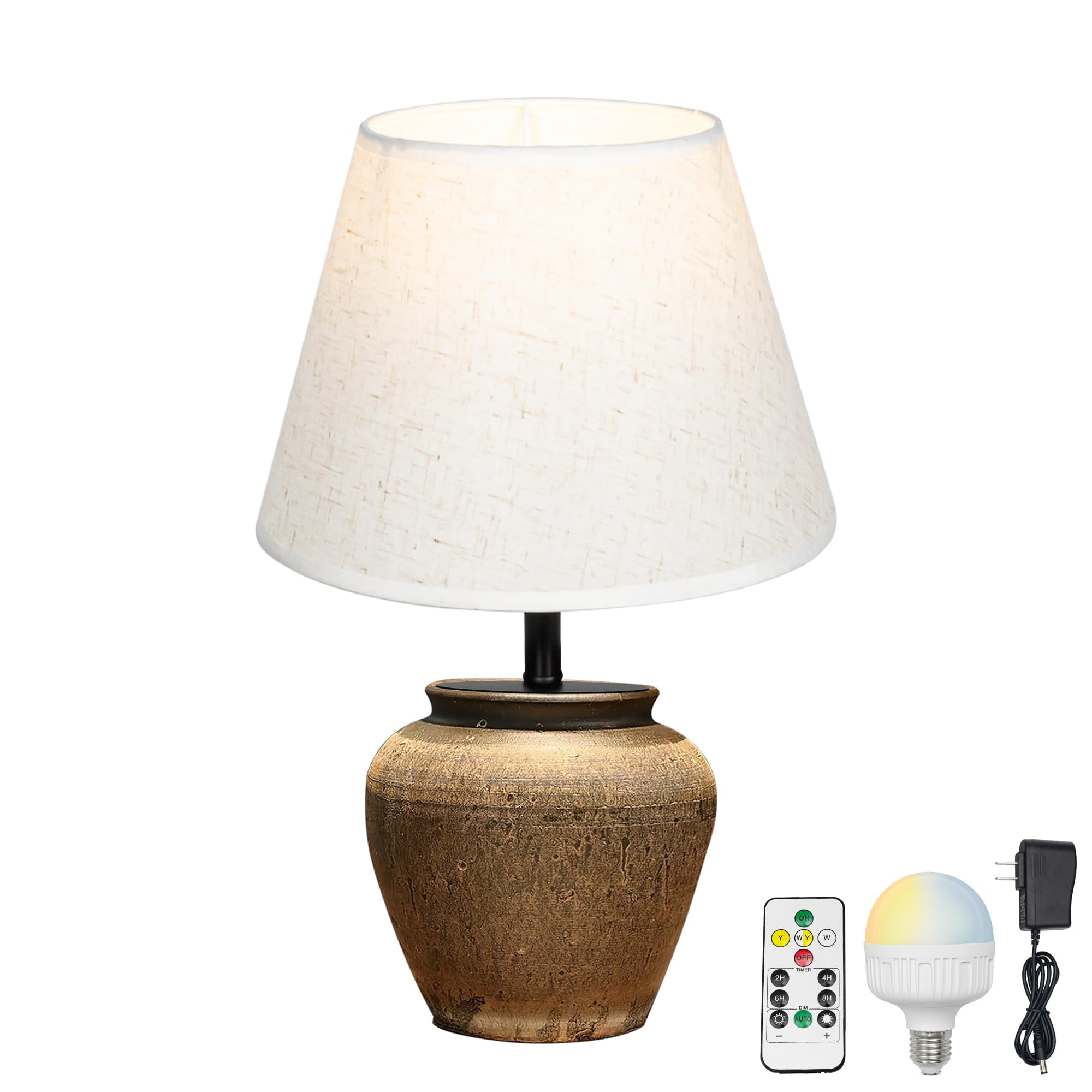 FSLiving Rustic Terracotta Ceramic Pot Table Lamp Rechargeable Battery ...