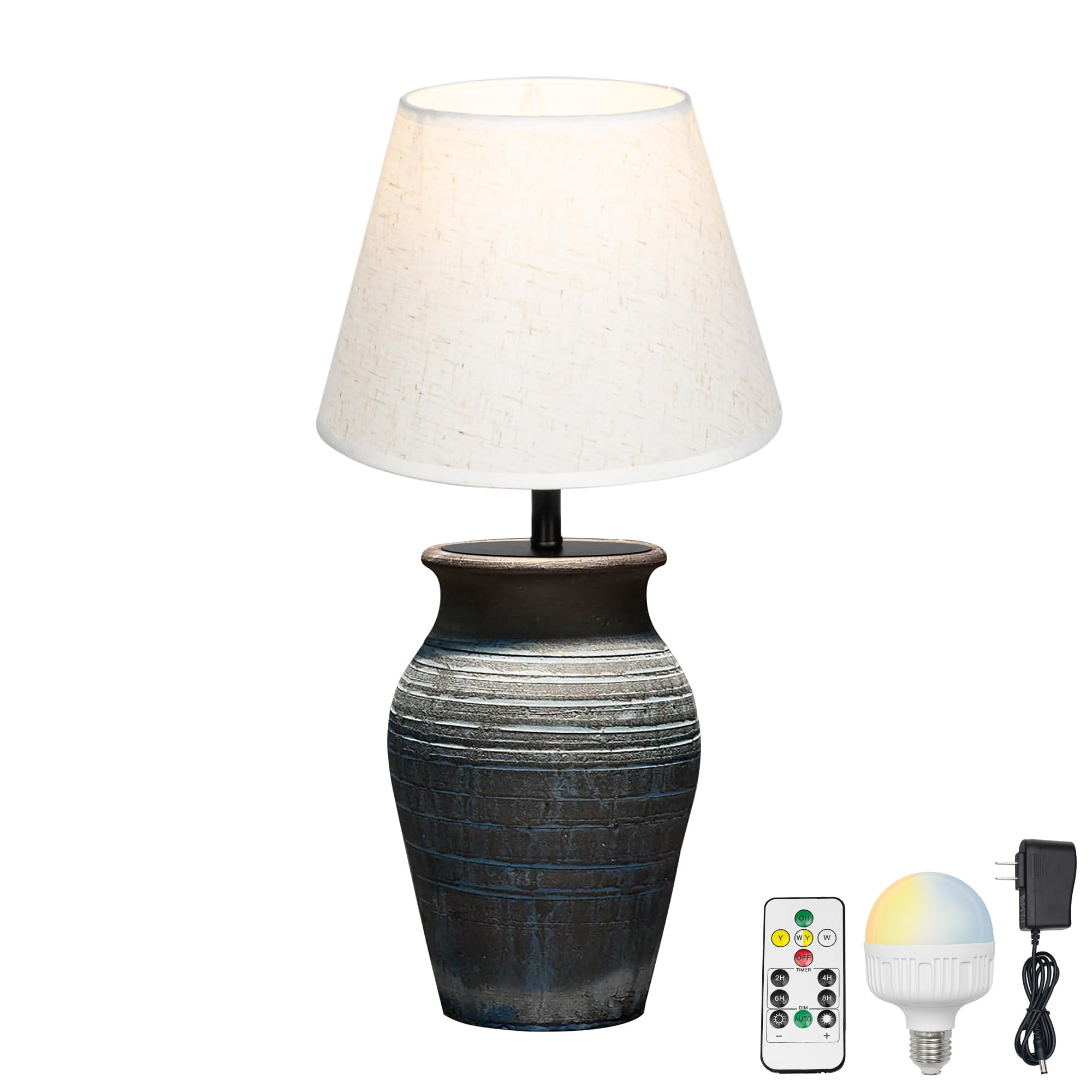 FSLiving Rustic Terracotta Ceramic Pot Table Lamp Rechargeable Battery ...