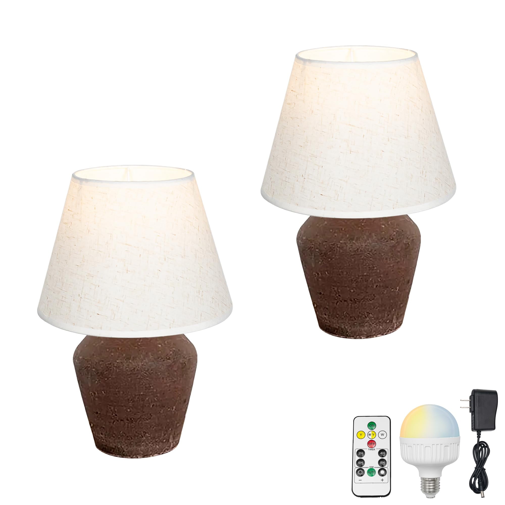 FSLiving Rustic Terracotta Ceramic Pot Table Lamp Rechargeable Battery ...