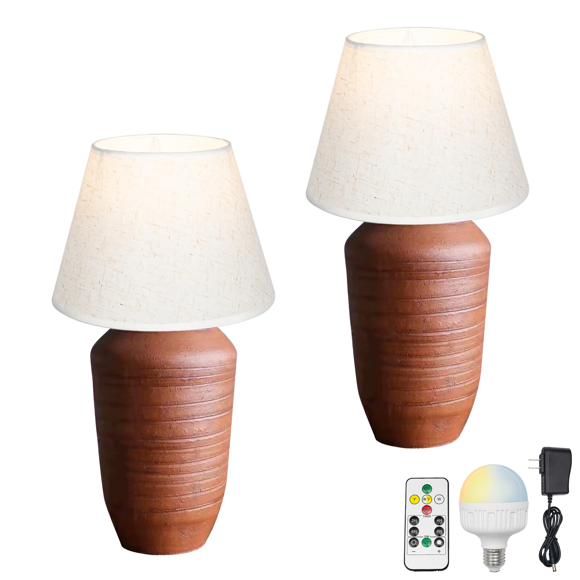 FSLiving Rustic Terracotta Ceramic Pot Table Lamp White Fabric Cone ...