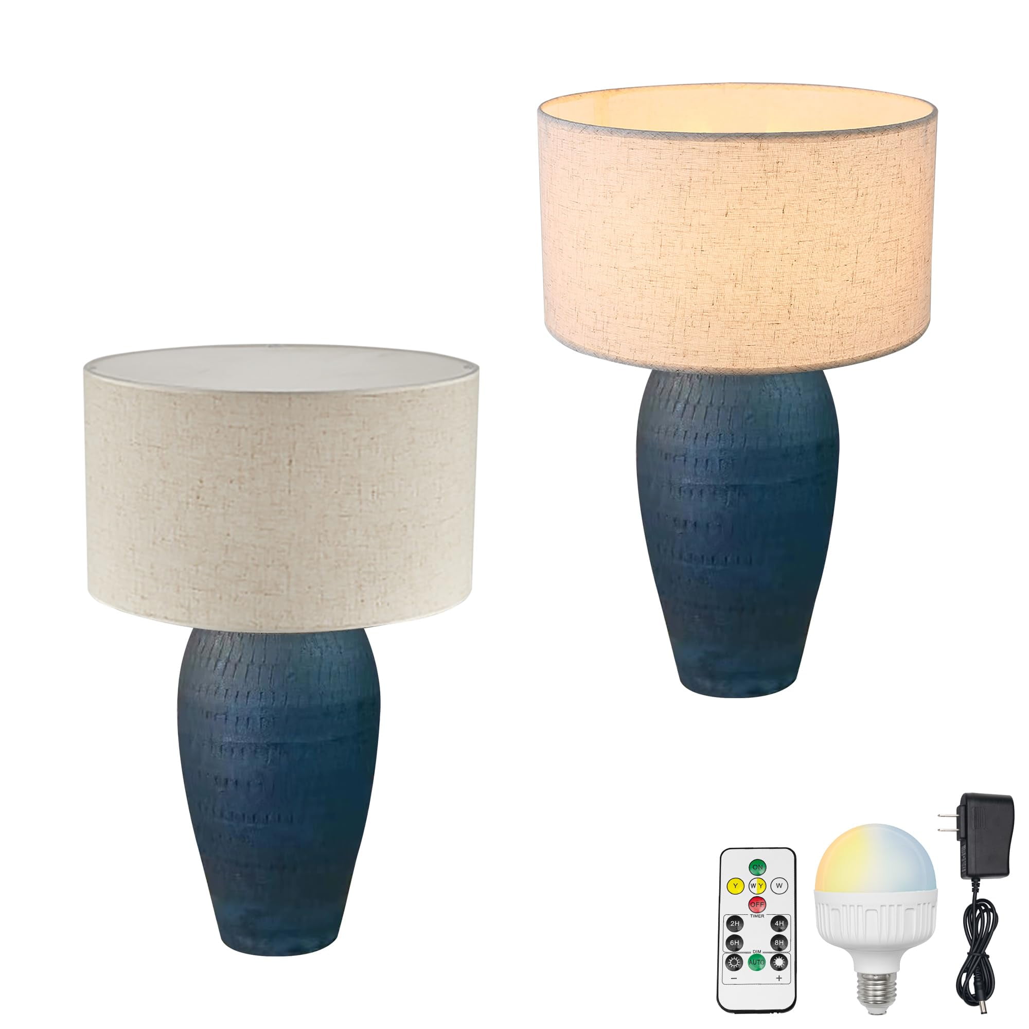 FSLiving Rustic Terracotta Ceramic Pot Table Lamp White Linen Dome ...
