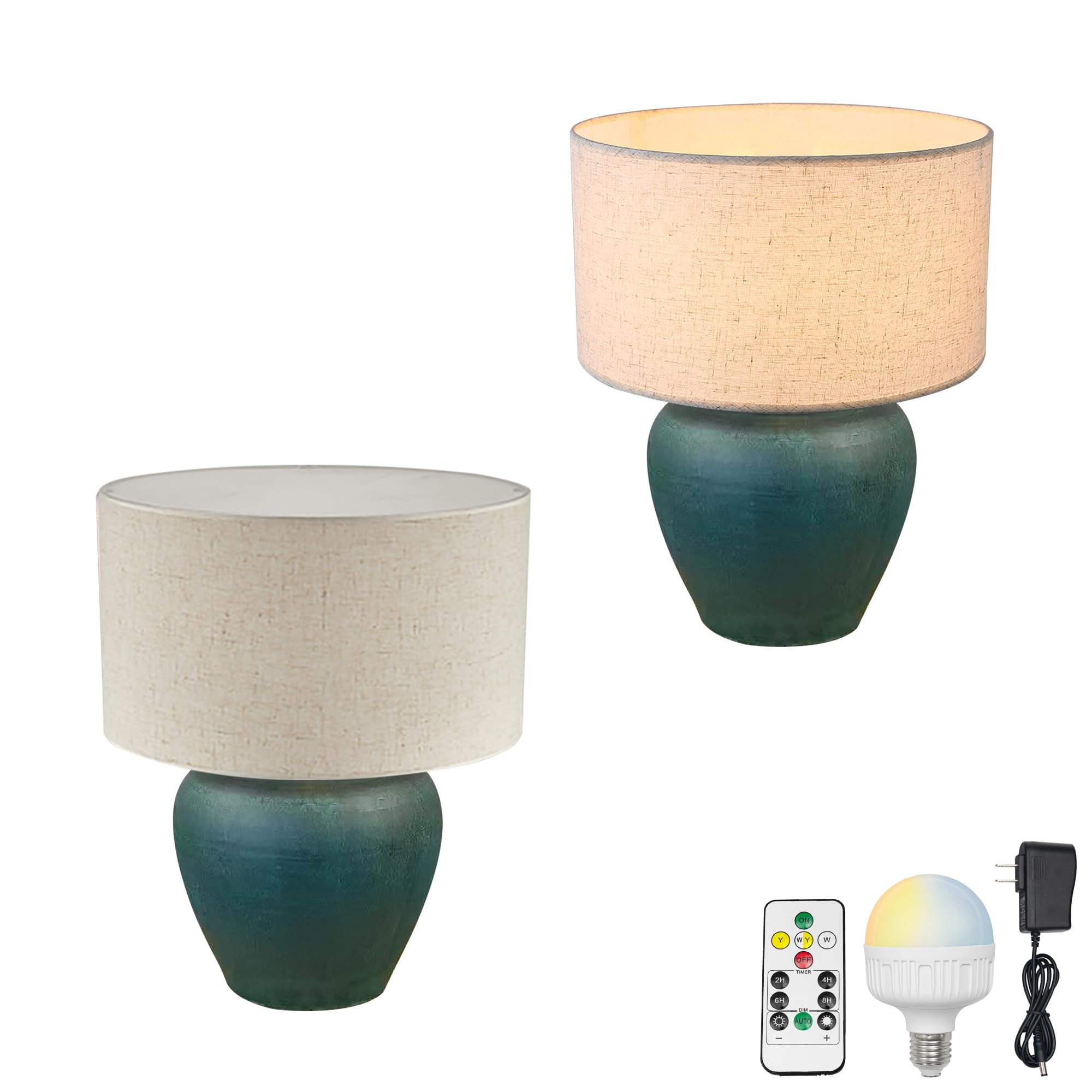 FSLiving Rustic Terracotta Ceramic Pot Table Lamp White Linen Dome ...