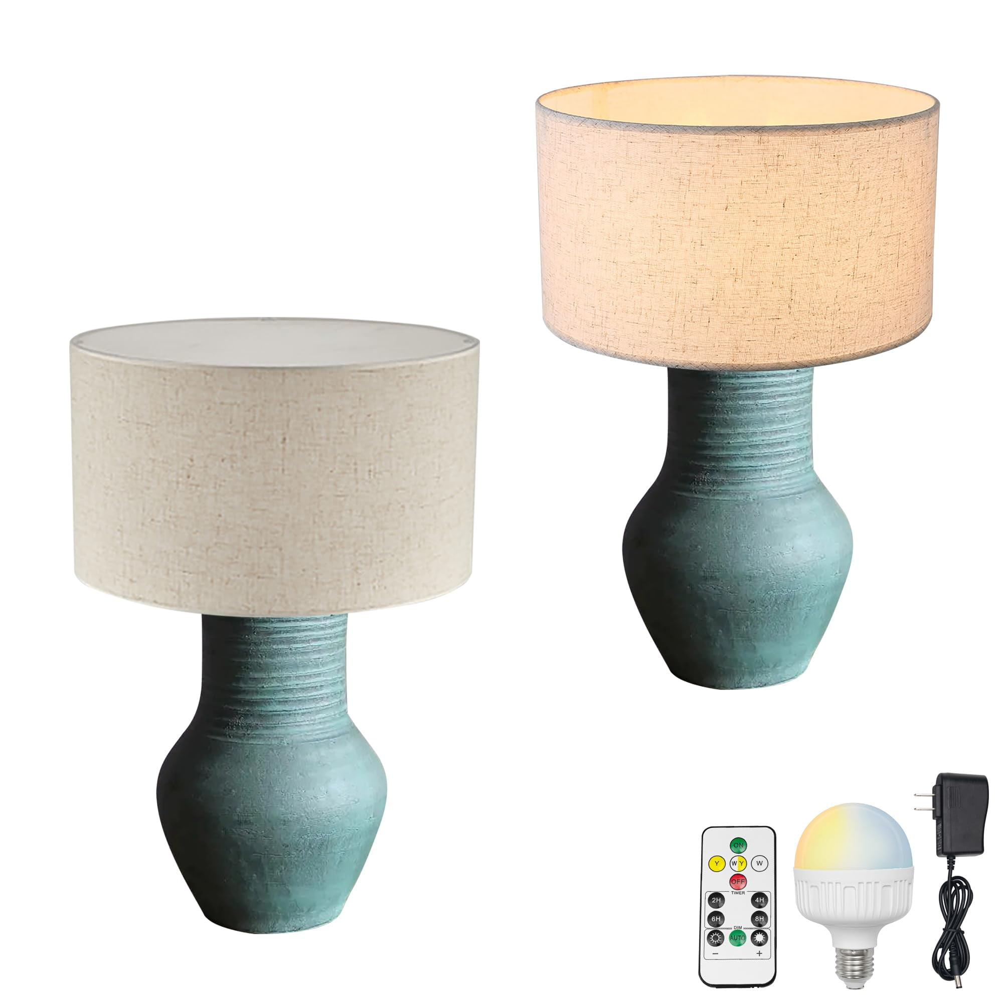 FSLiving Rustic Terracotta Ceramic Pot Table Lamp White Linen Shade ...