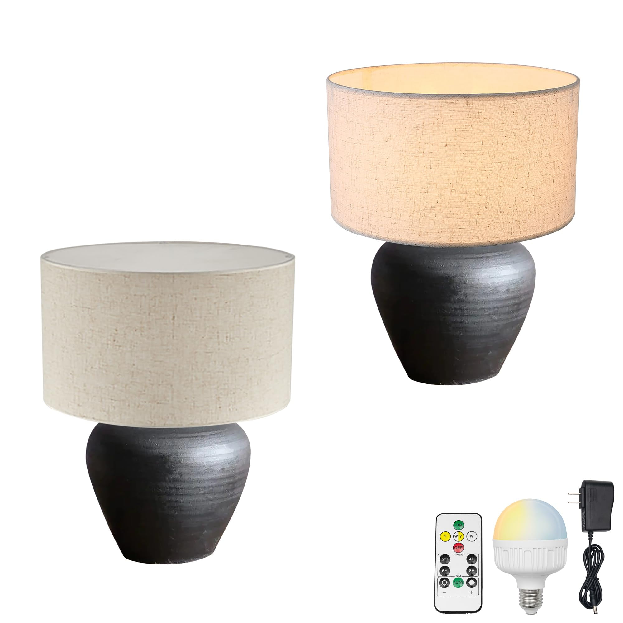 FSLiving Rustic Terracotta Ceramic Pot Table Lamp White Linen Shade ...