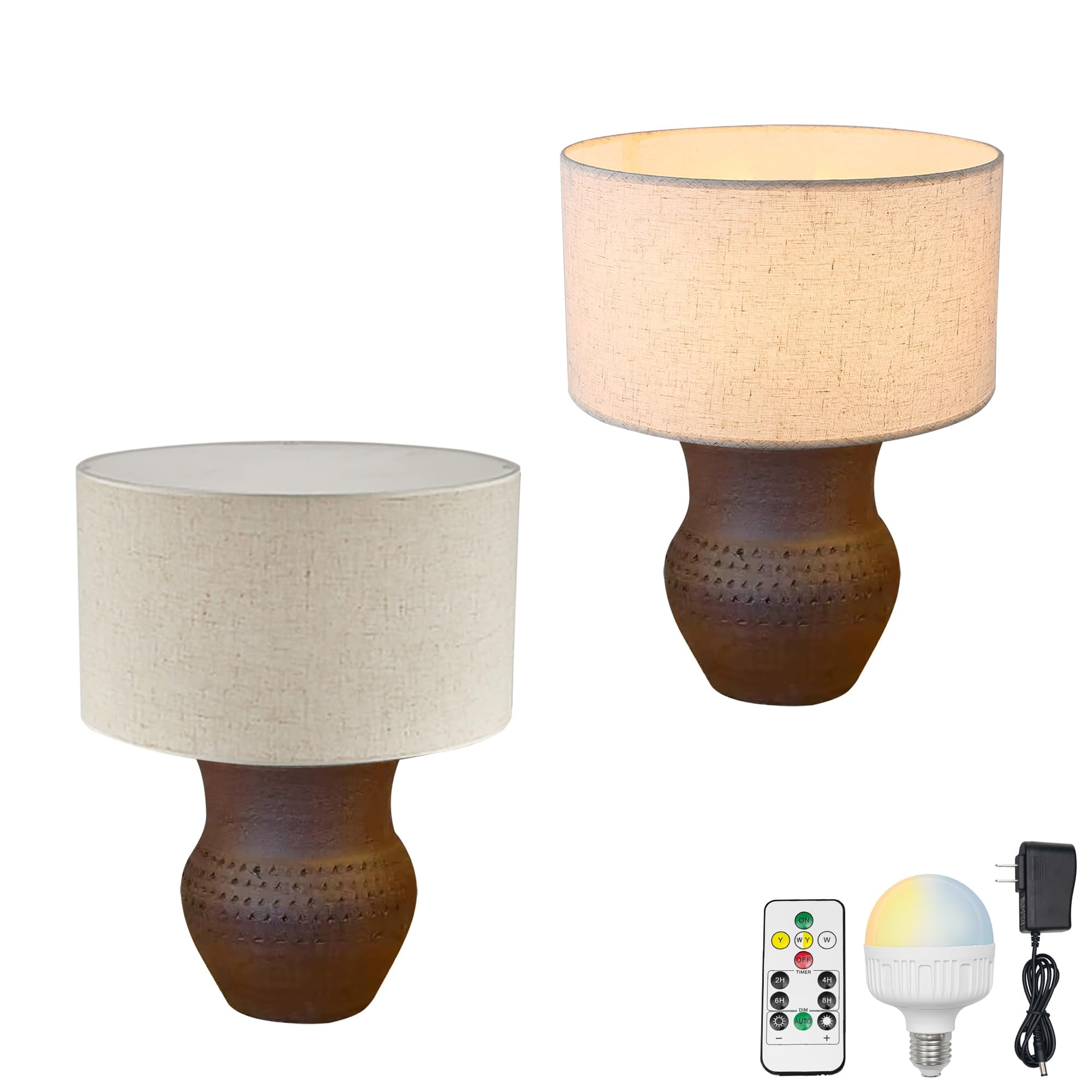 FSLiving Rustic Terracotta Ceramic Pot Table Lamp White Linen Shade ...