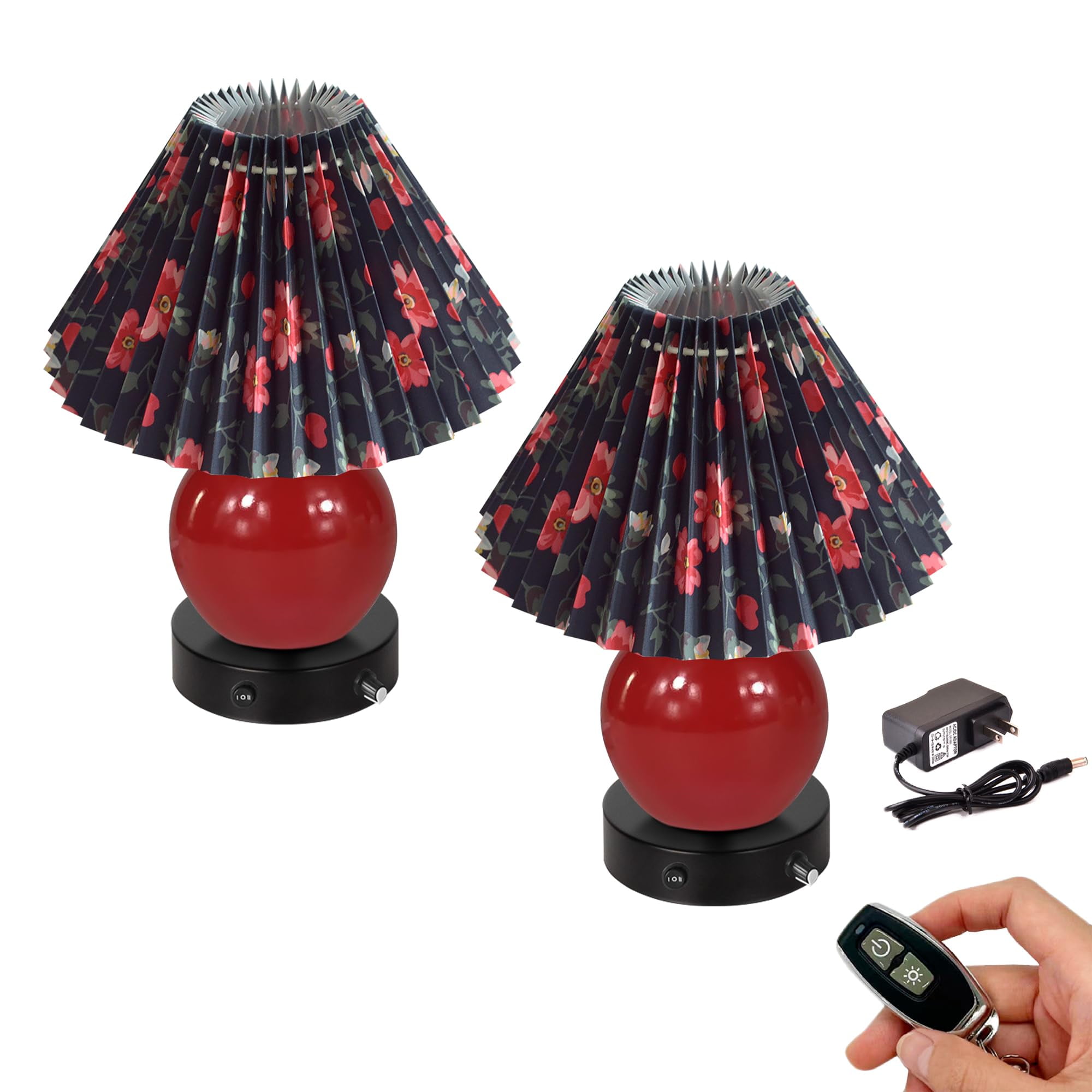 FSLiving Small Cute Ceramic Pot Black Flower Pleated Shade Table Lamp ...