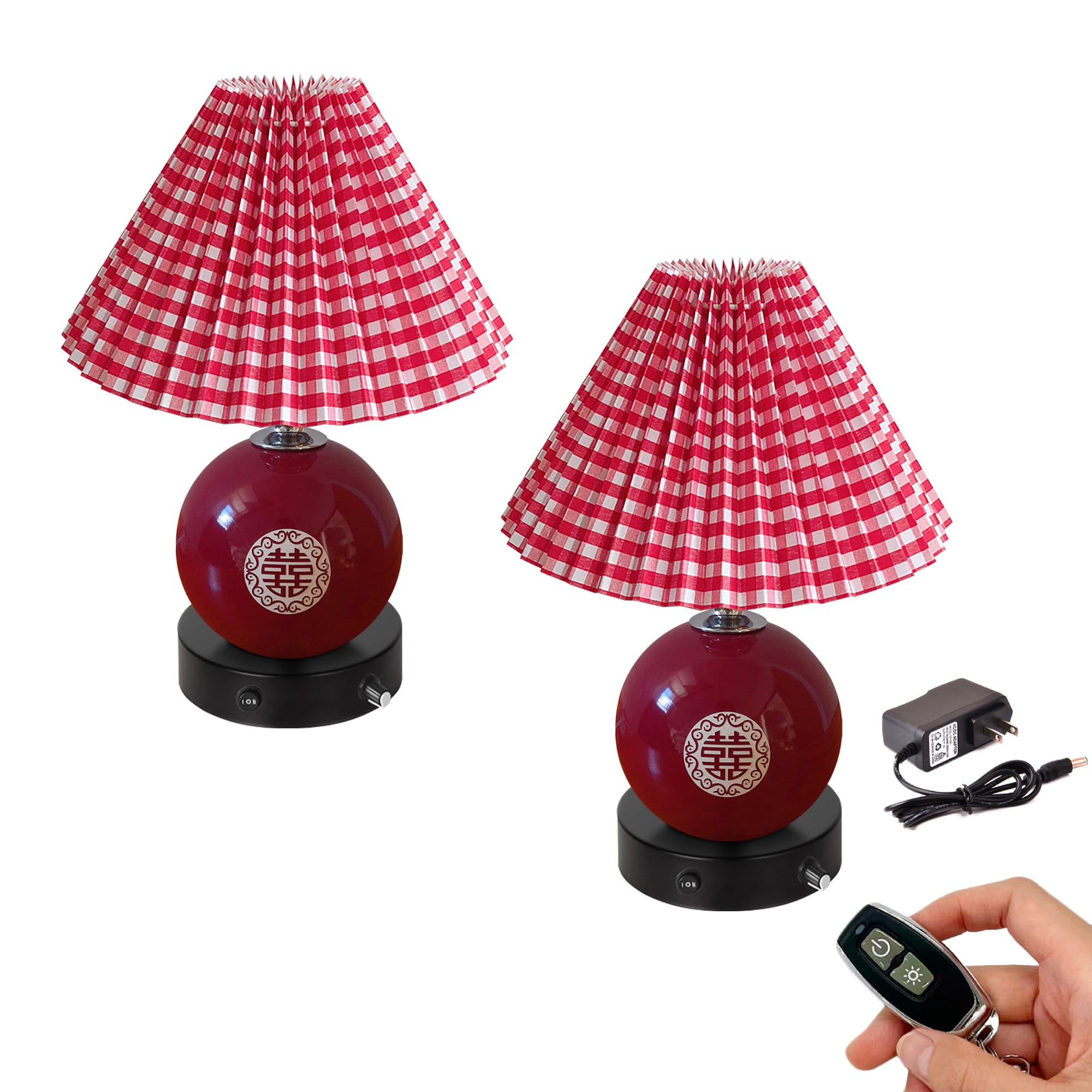 FSLiving Small Cute Ceramic Pot Red Plaid Pleated Shade Table Lamp ...