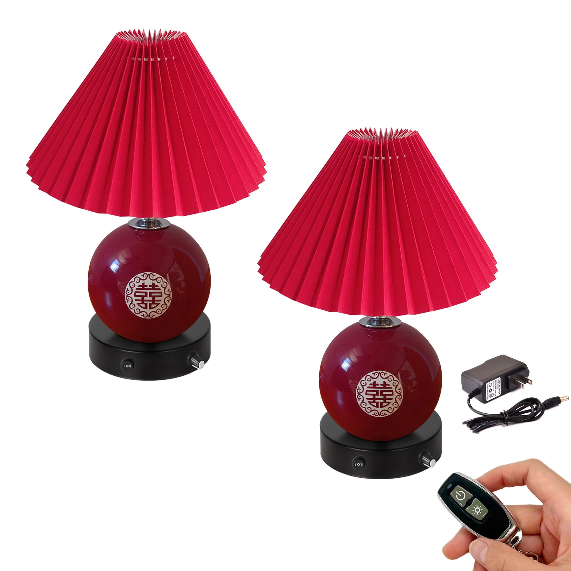 FSLiving Small Cute Ceramic Pot Red Pleated Shade Table Lamp ...