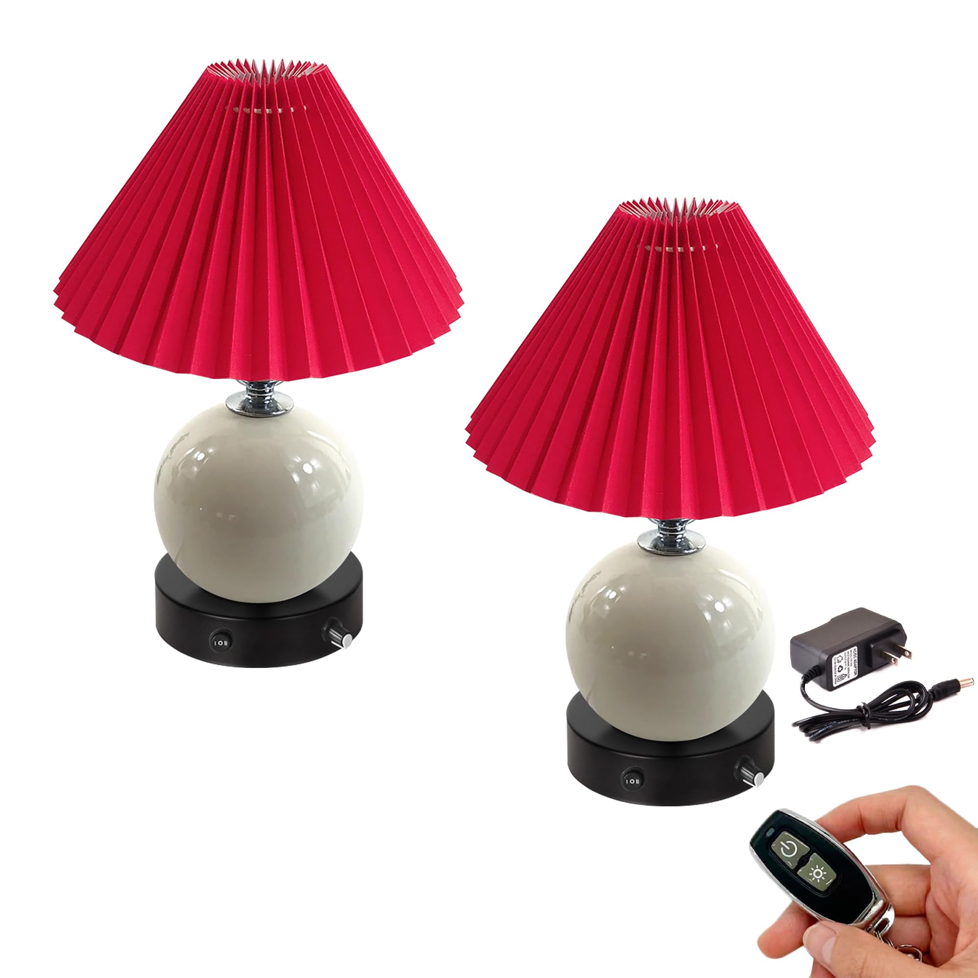 FSLiving Small Cute Ceramic Pot Red Pleated Shade Table Lamp ...