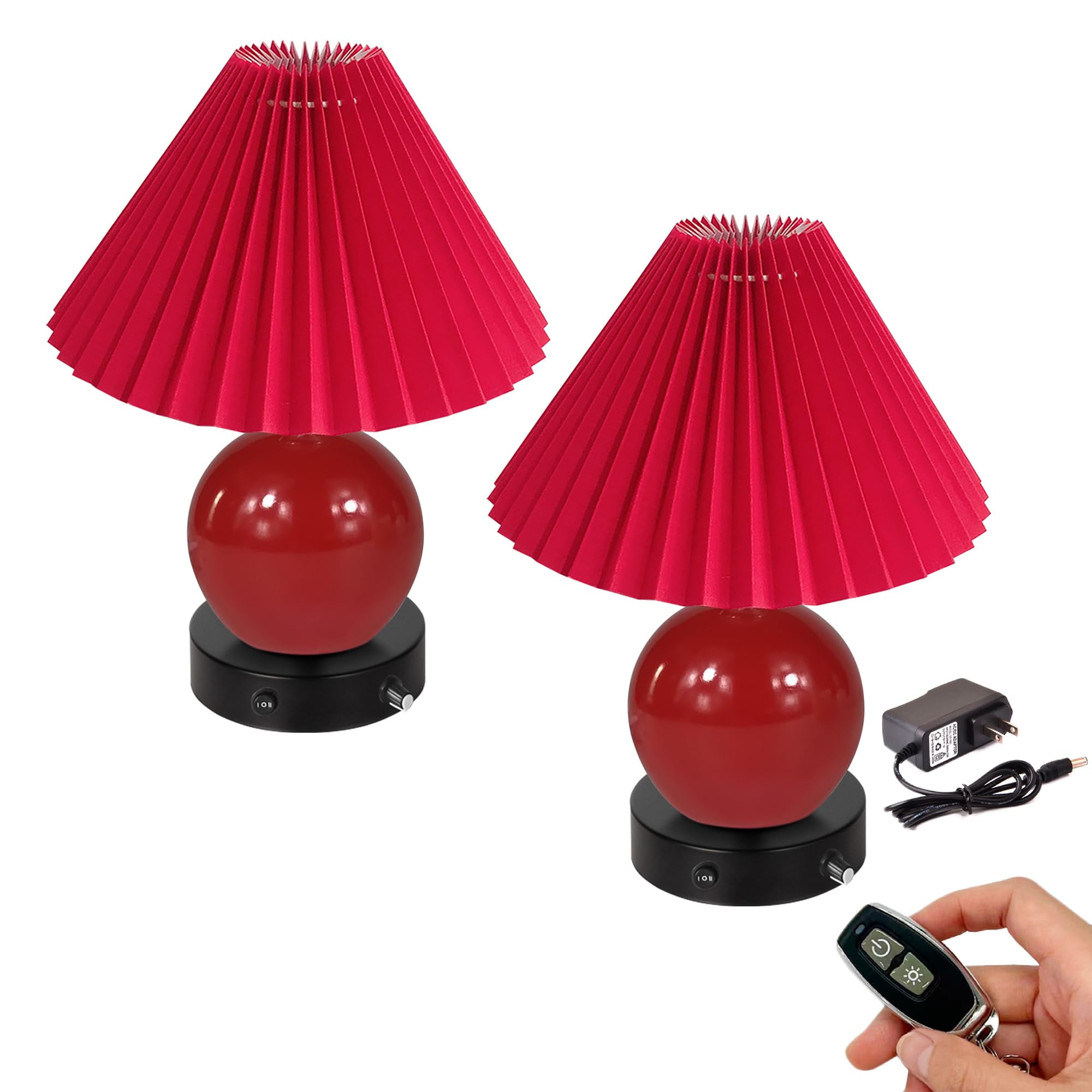 FSLiving Small Cute Ceramic Pot Red Pleated Shade Table Lamp ...