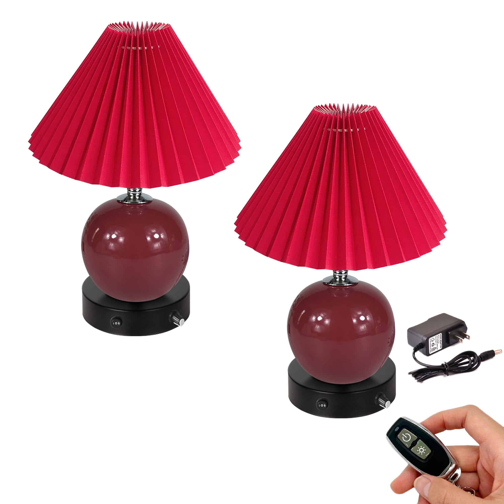 FSLiving Small Cute Ceramic Pot Red Pleated Shade Table Lamp ...