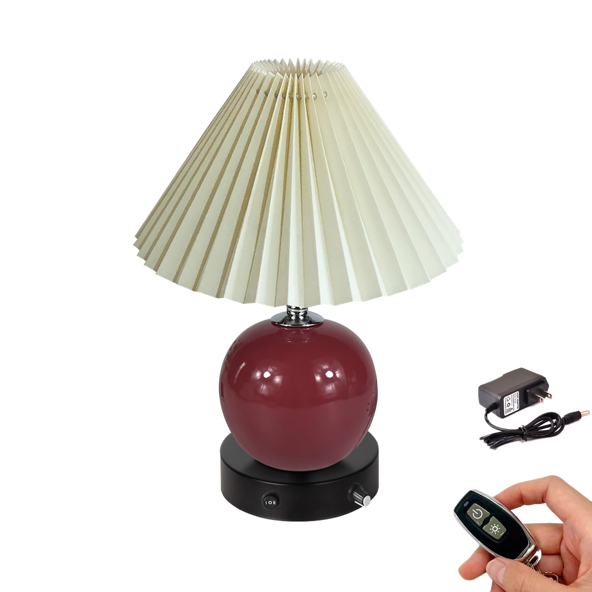 FSLiving Small Cute Ceramic Pot Table Lamp Cordless Battery Operated by Remote Dimmable ...