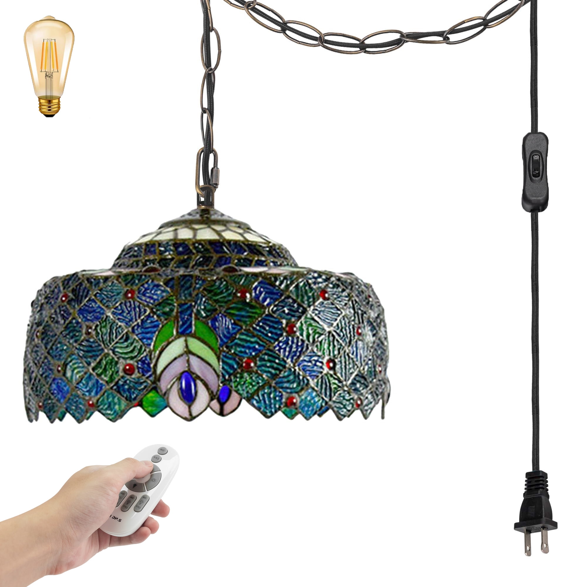 FSLiving Swag Lamp Tiffany Style Peacock Shape Pendant Light Stained ...