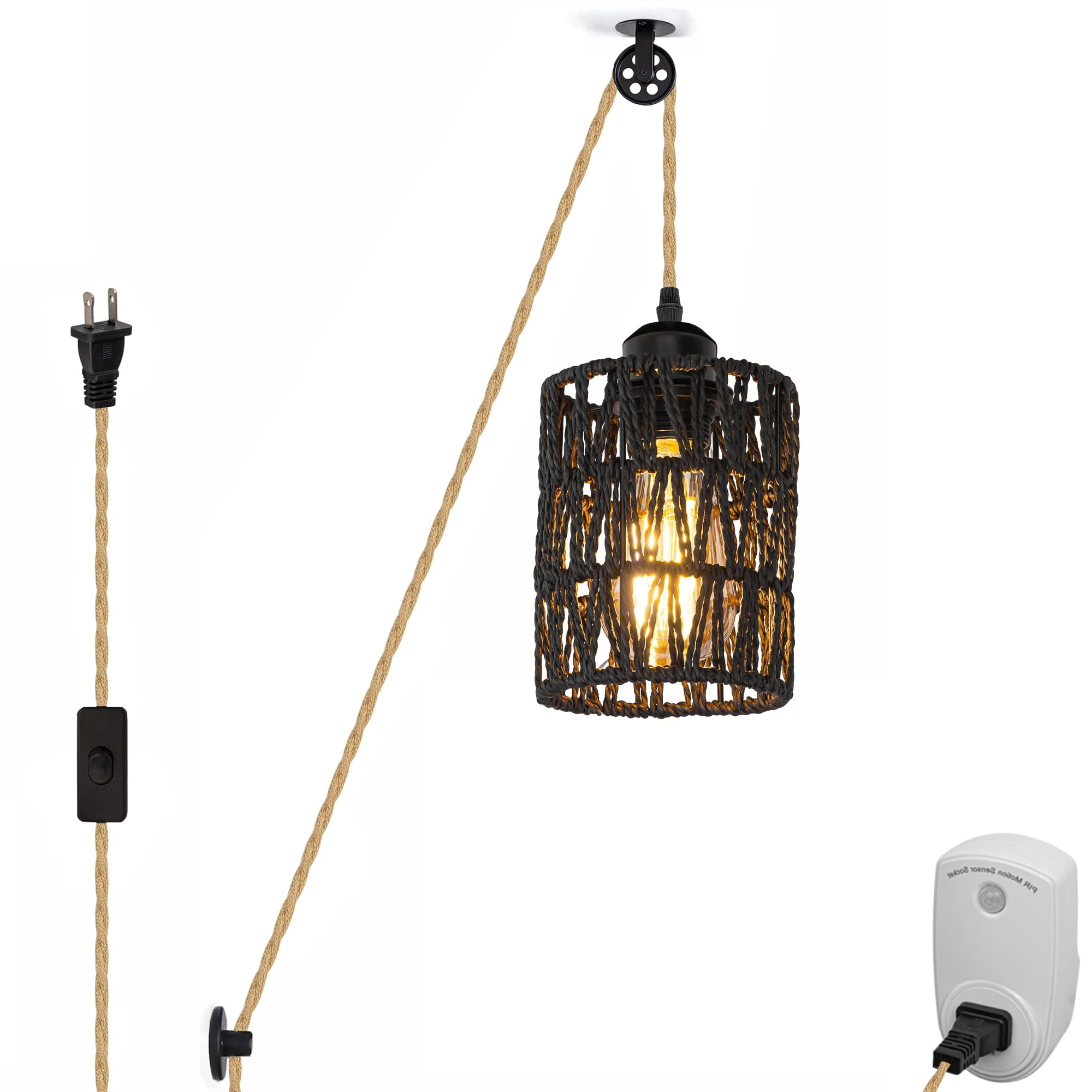 FSLiving Swag Pendant Light Twine Natural Rattan Industrial Pulley ...