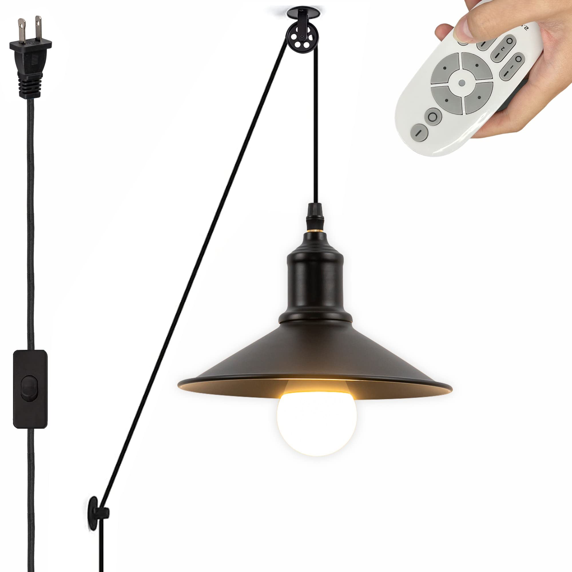 FSLiving Swag Plug-in Pendant Lamp Exterior Black Shade with Remote ...
