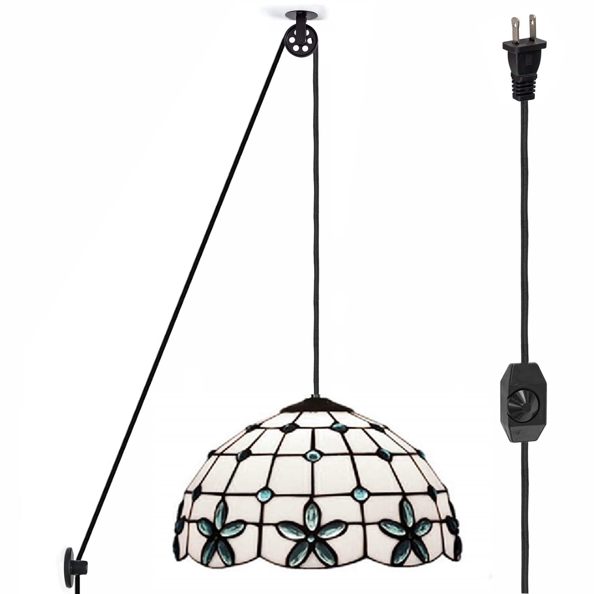 FSLiving Tiffany Glass Pendant Light with Metal Hanging Chain Pulley ...