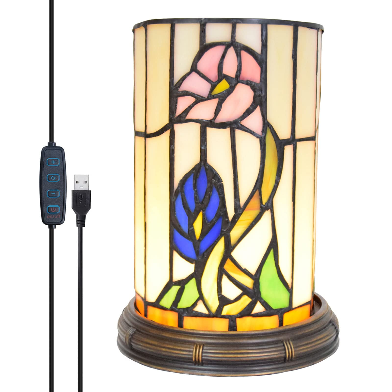FSLiving Tiffany Style Accent Lamp Table Lamp Stained Glass USB-Powered ...