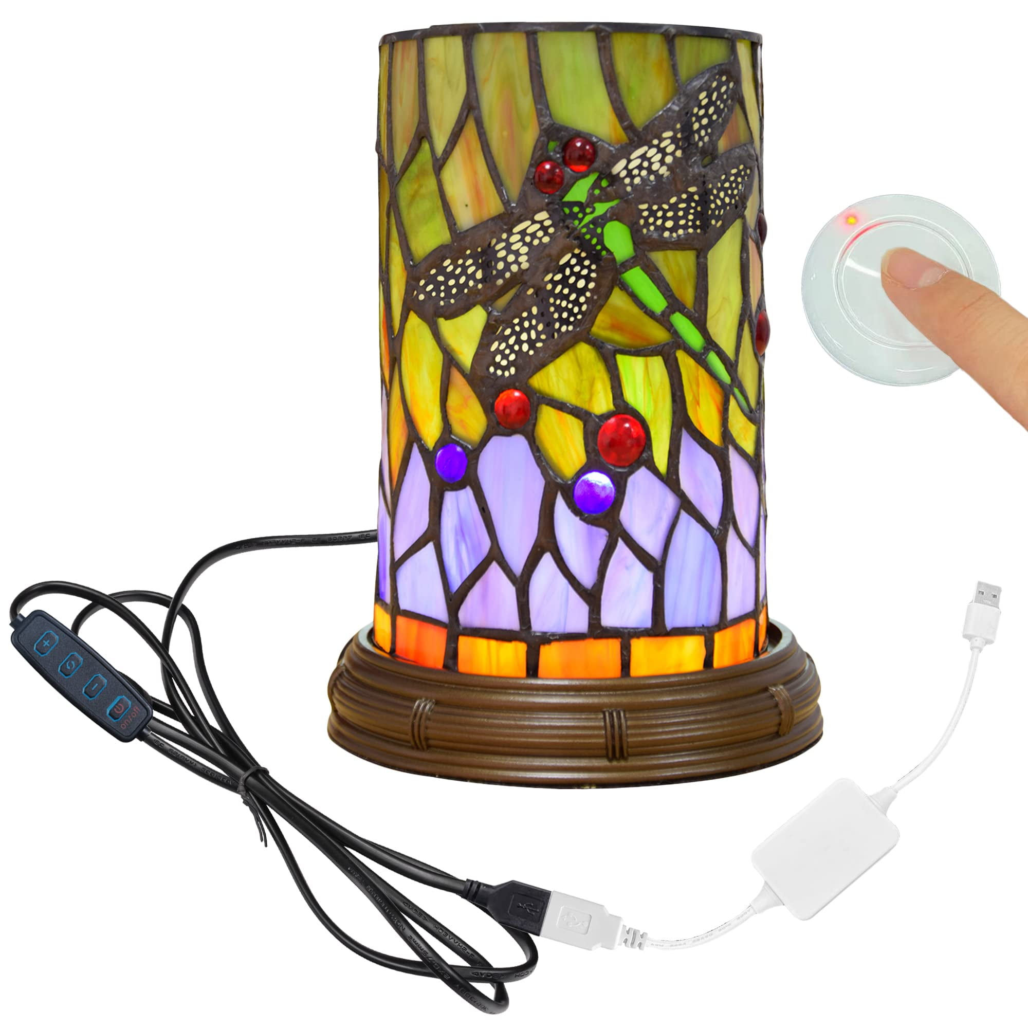 FSLiving Tiffany Style Accent Lamp Table Lamp Stained Glass USB-Powered ...