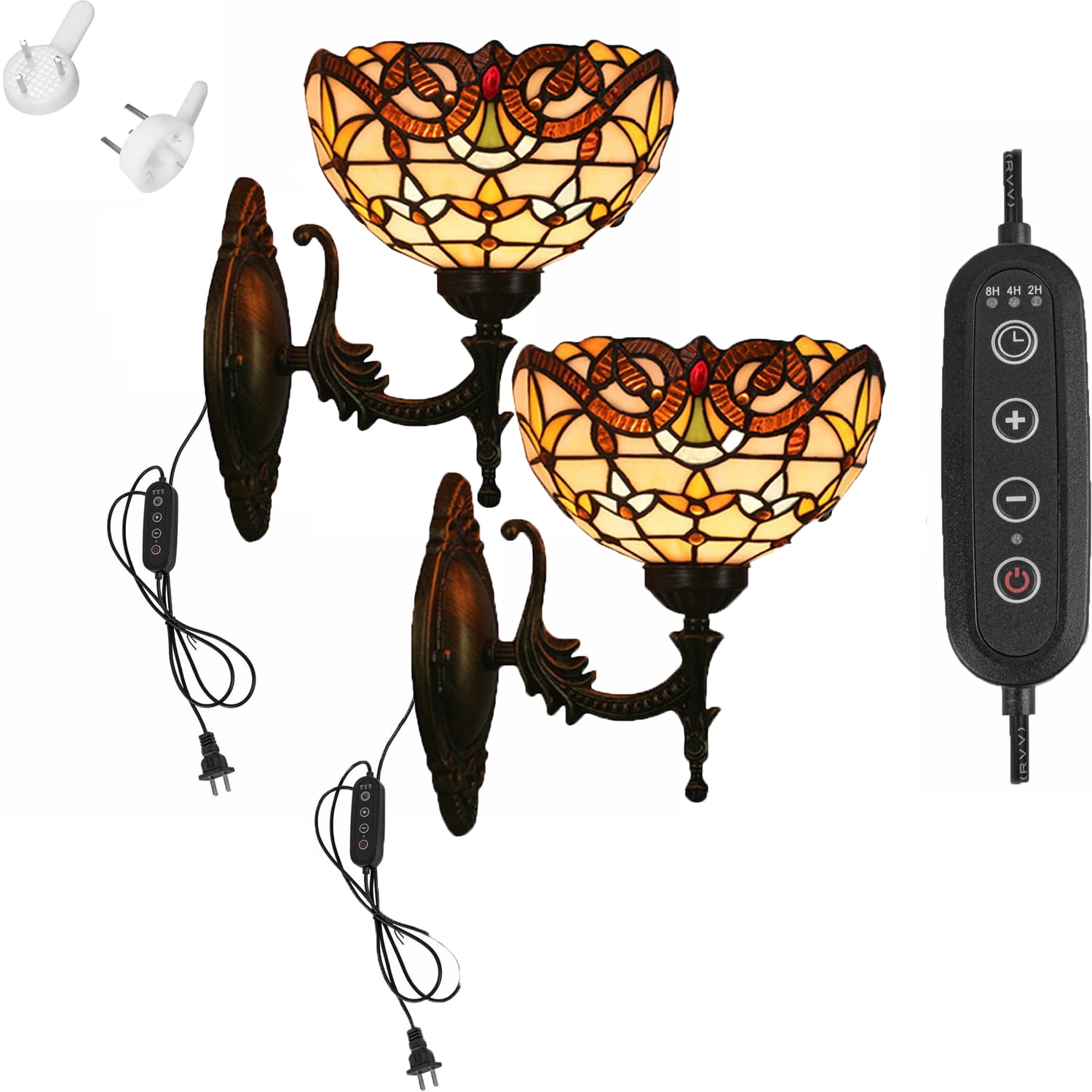 FSLiving Tiffany Wall Sconces with Plug-in Dimmer & Timer Cord E26 ...