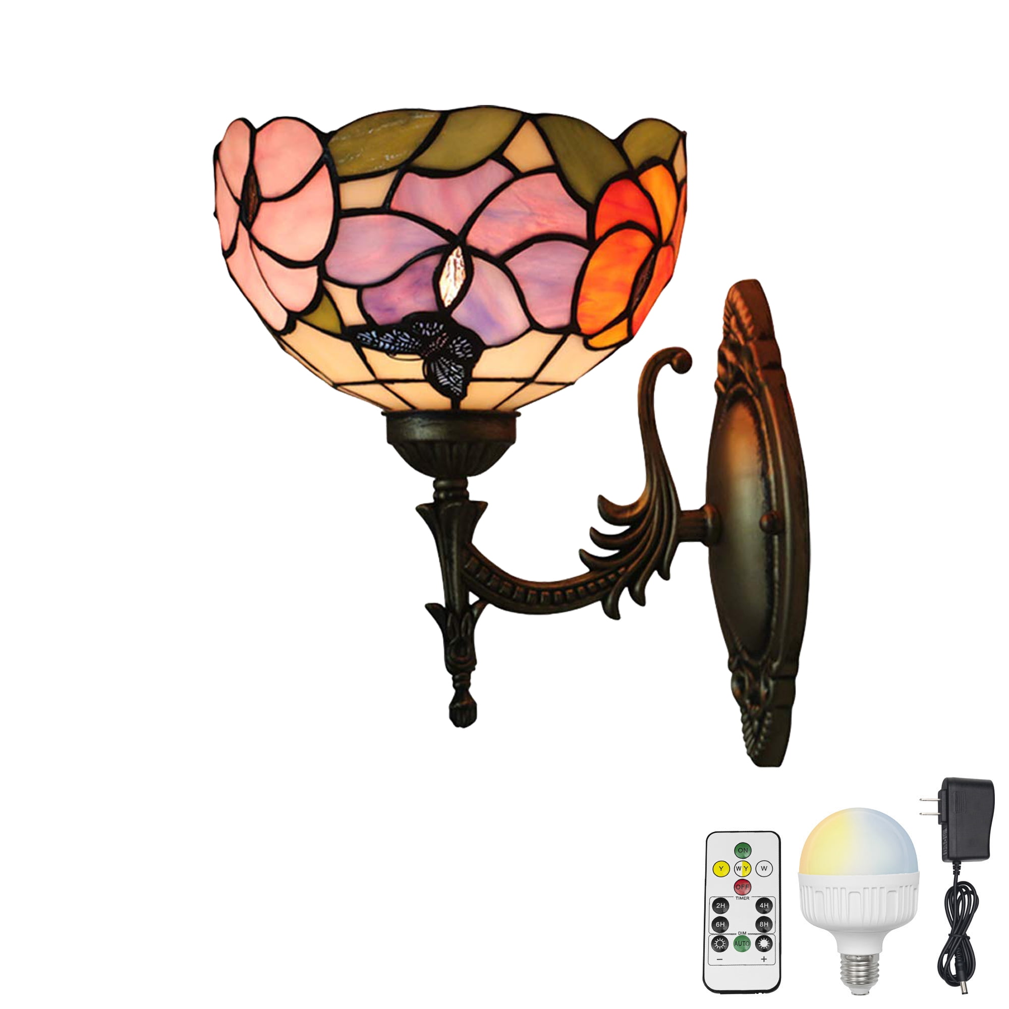 FSLiving Tiffany Wall Sconces Rechargeable Battery Run Color Changing ...
