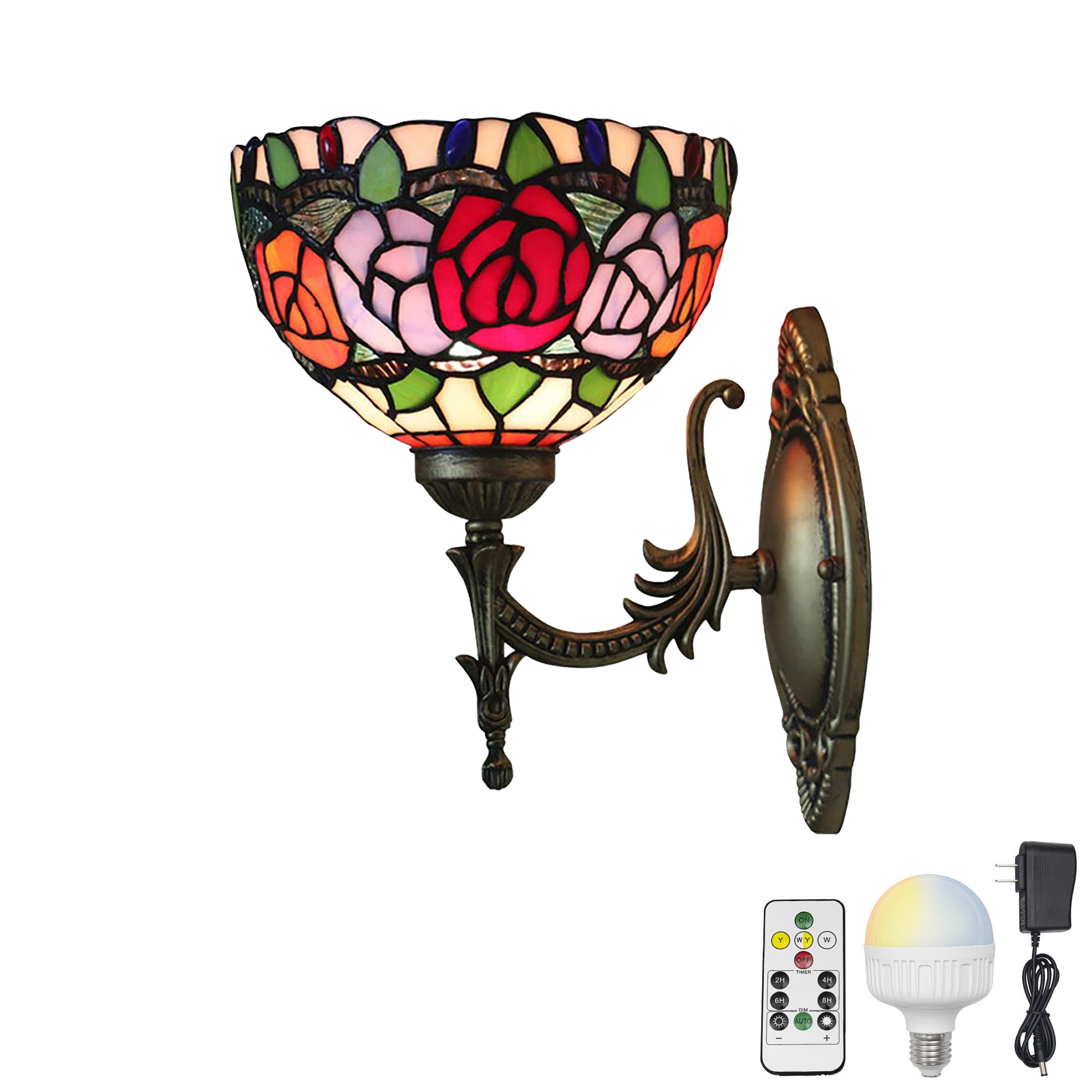 FSLiving Tiffany Wall Sconces Rechargeable Battery Run Color Changing ...