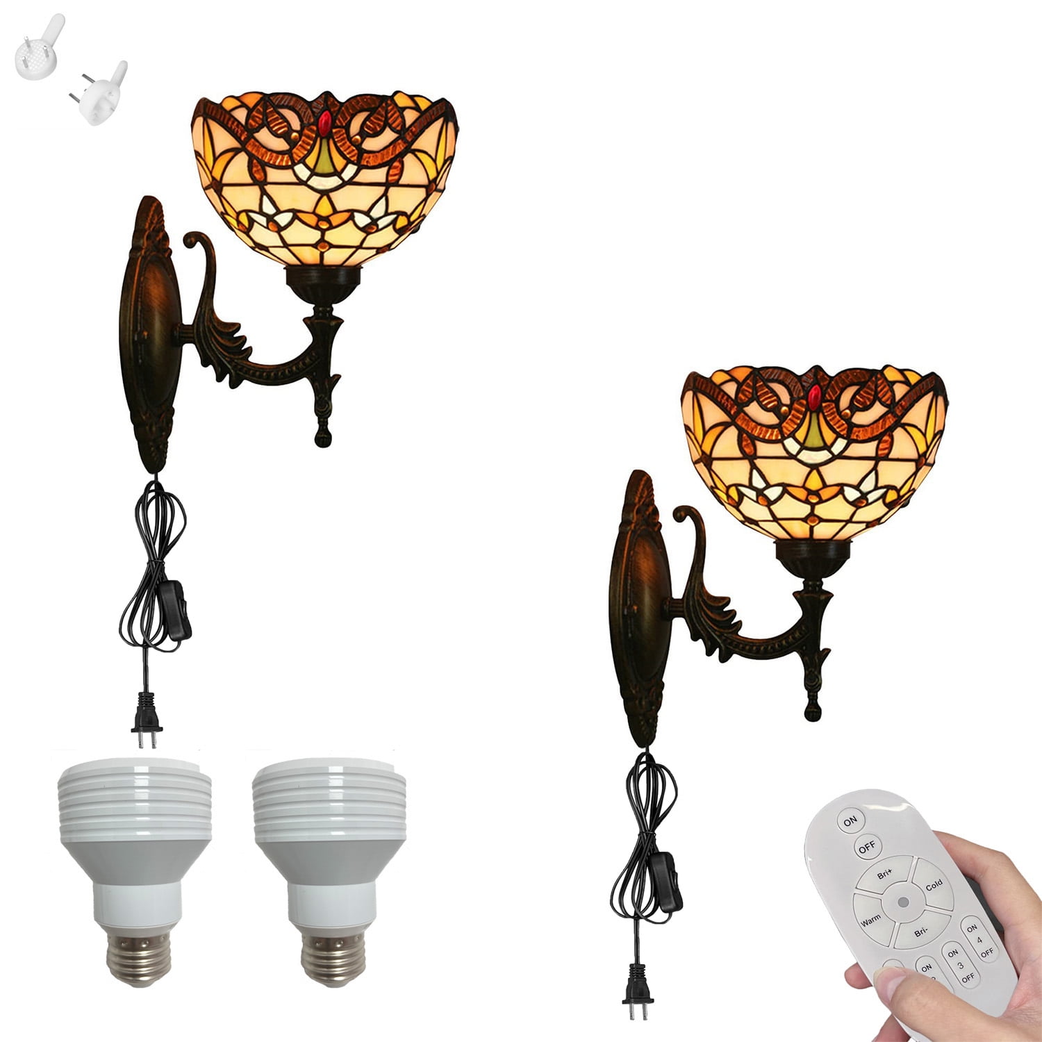 FSLiving Tiffany Wall Sconces with Remote Adjustable Light Beam Glass ...