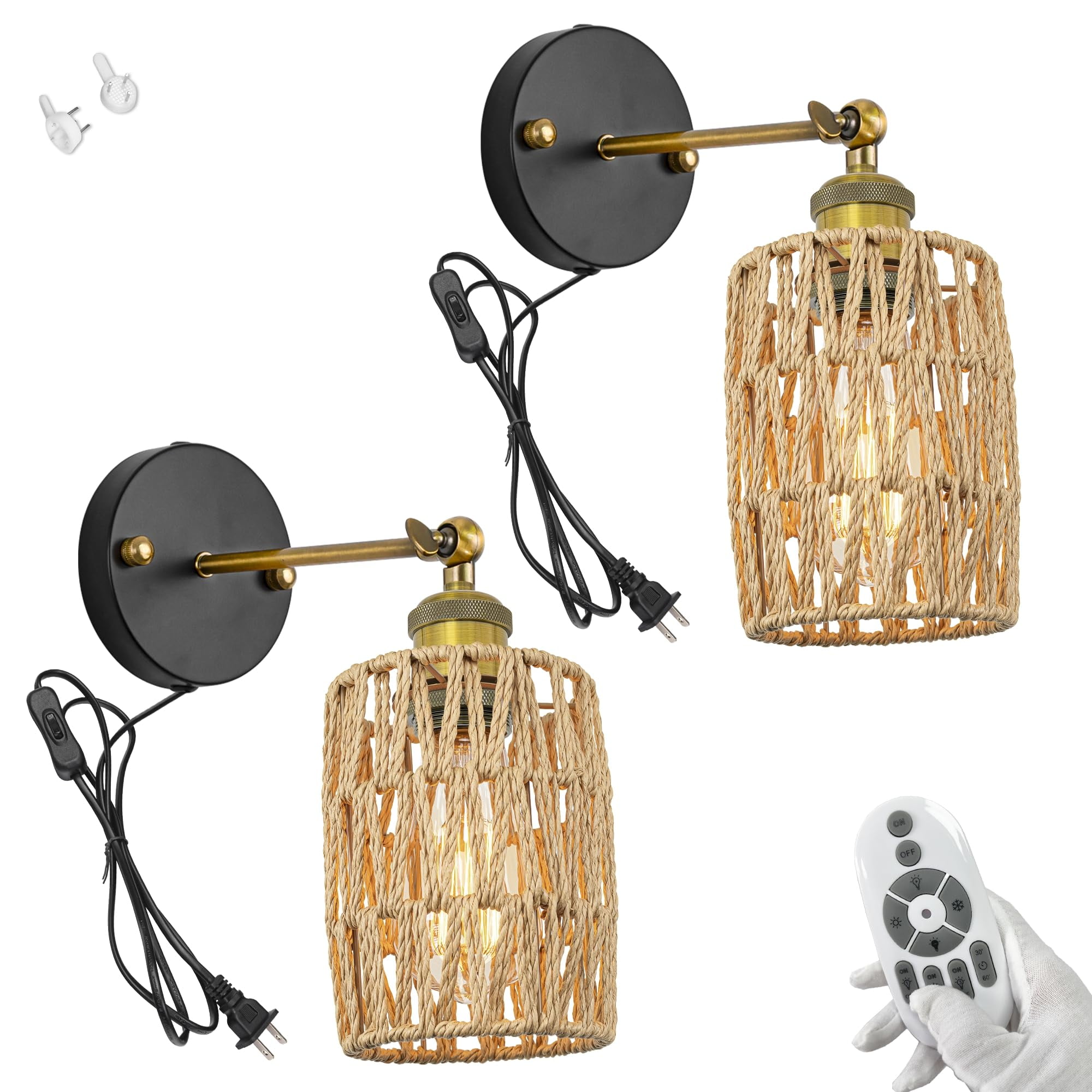 FSLiving Twine Natural Rattan Wall Lamp Remote Control Adjustable Wall ...