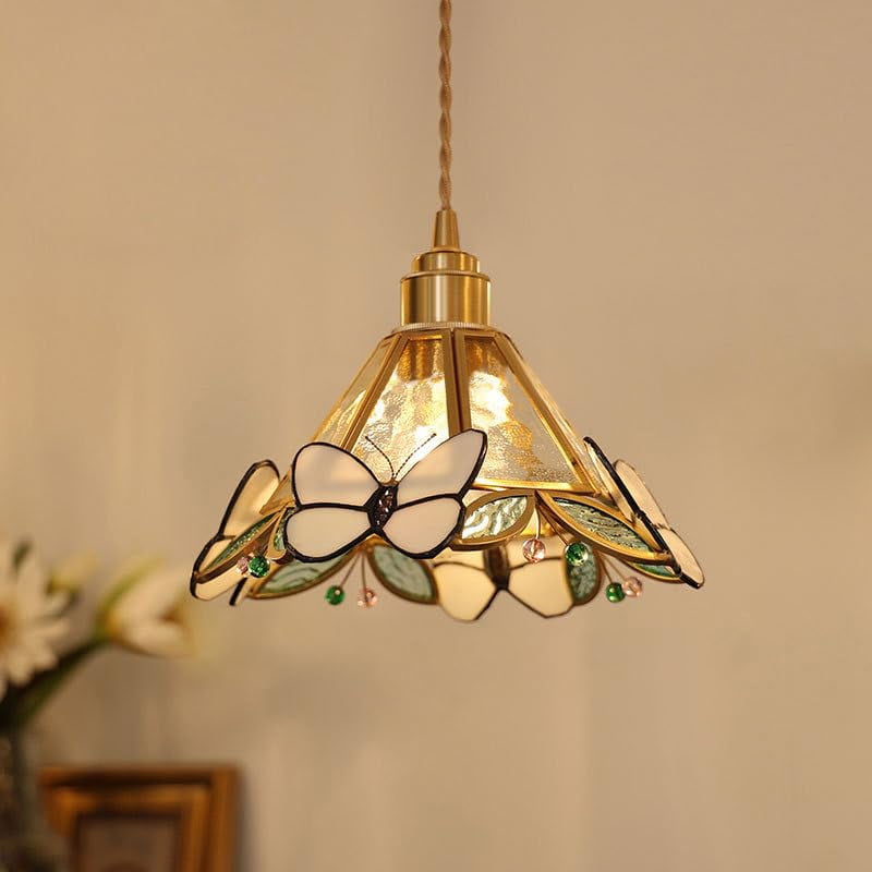 FSLiving White Butterflies Tiffany Glass Shade, Height Adjustable H ...