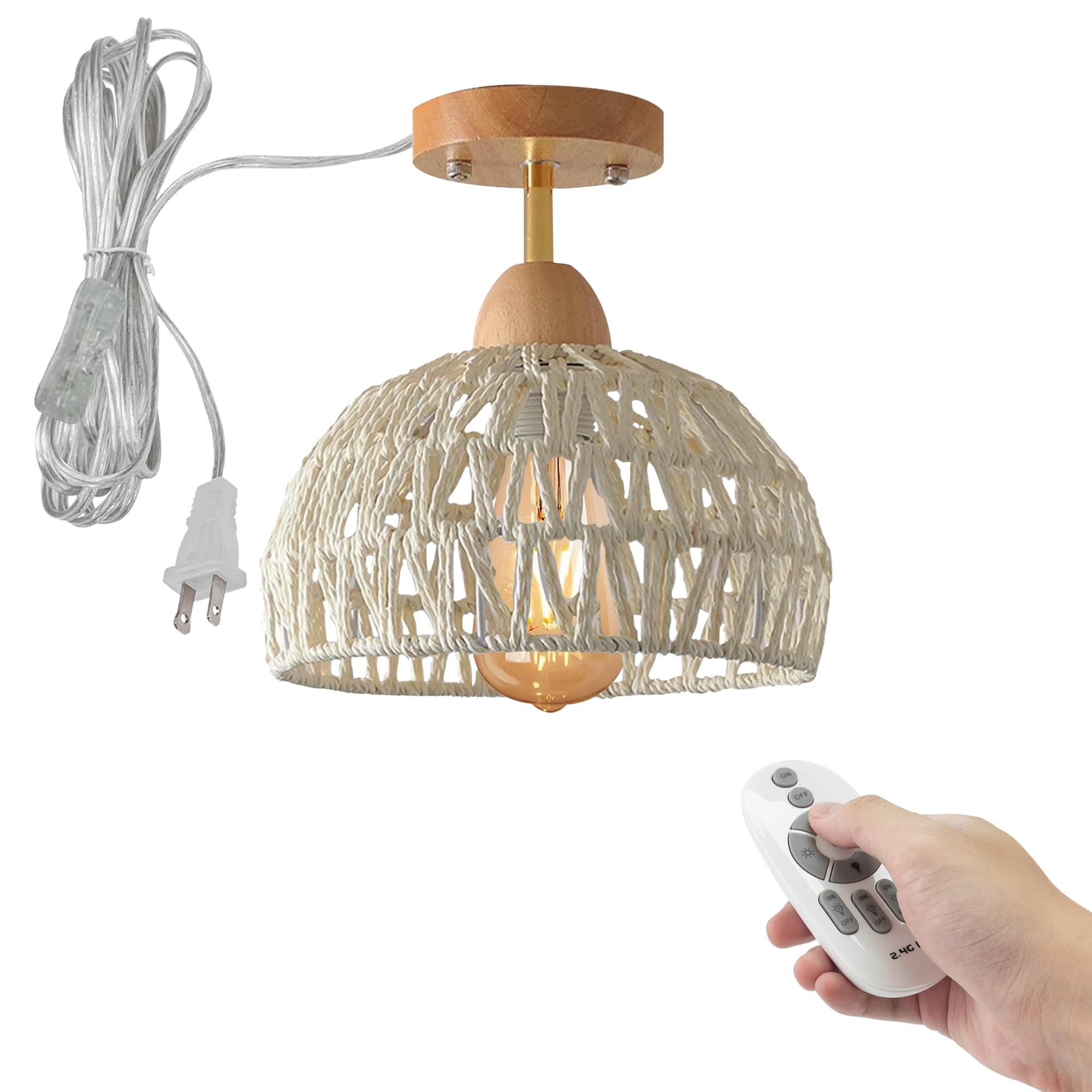 FSLiving White Dome Hemp Rope Hanging Light with 15ft Plug-in Cord Wood ...