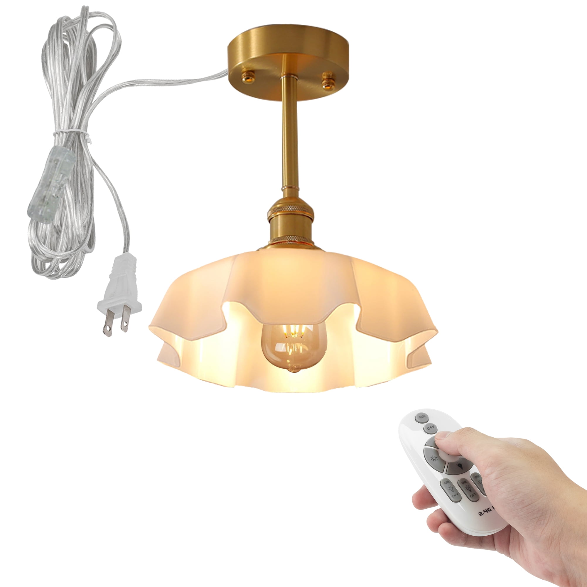 FSLiving White Glass Hanging Light with 15ft Plug-in Cord Copper ...