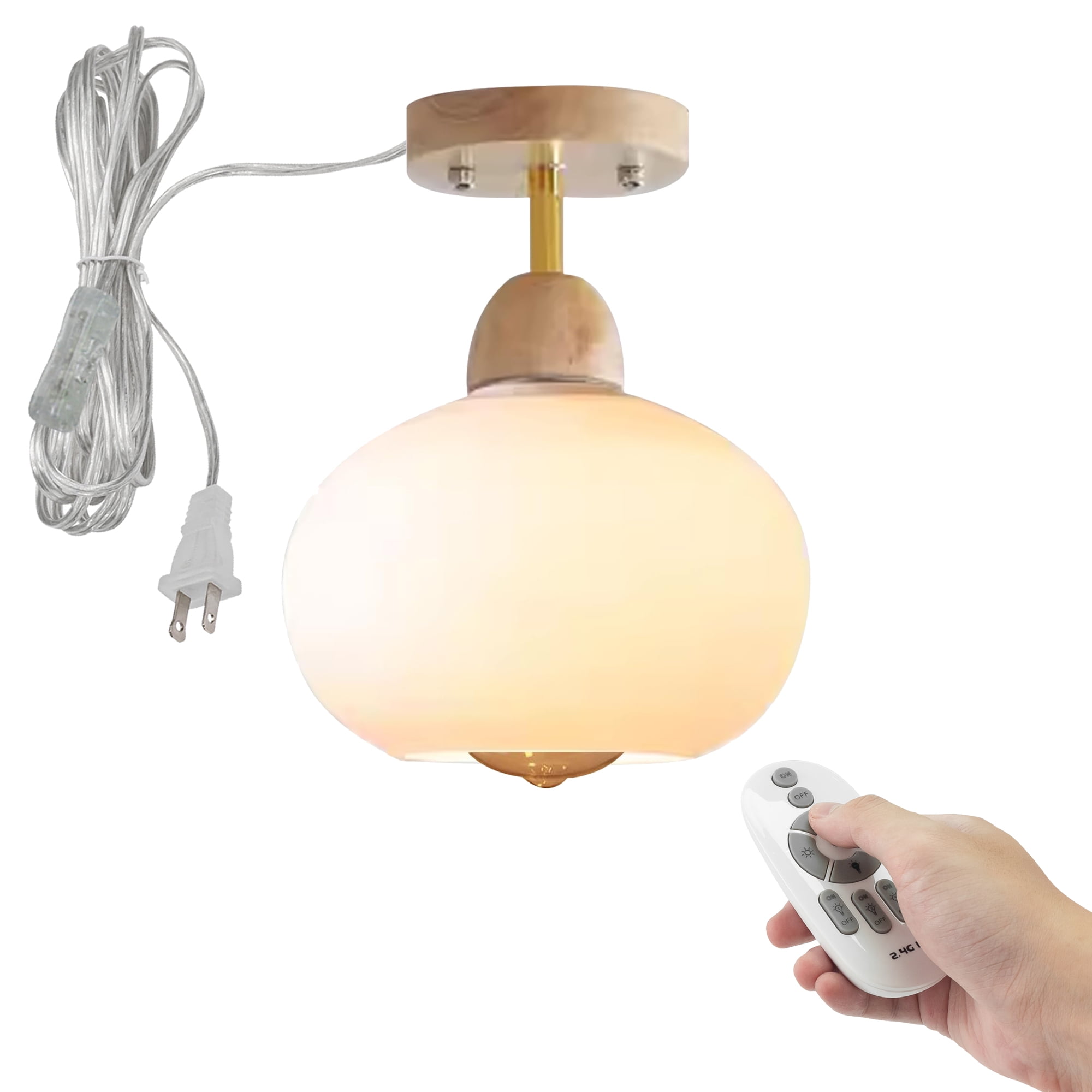 FSLiving White Glass Hanging Light with 15ft Plug-in Cord Wood ...