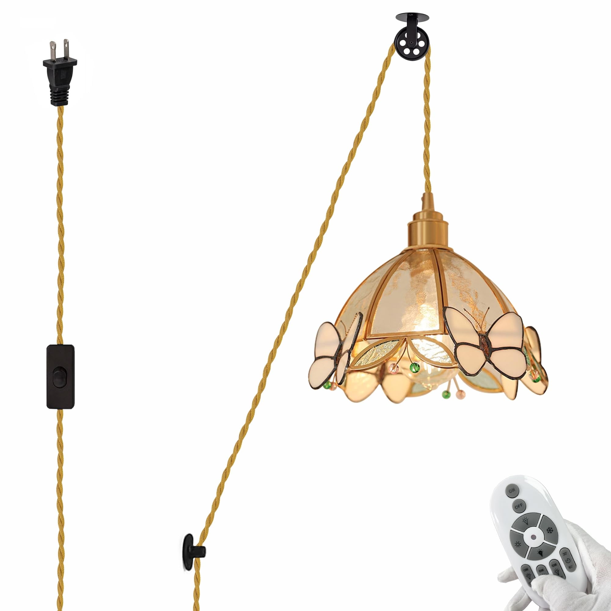 FSLiving No Wiring Needed Butterfly Swag Pendant Light with Pulley ...