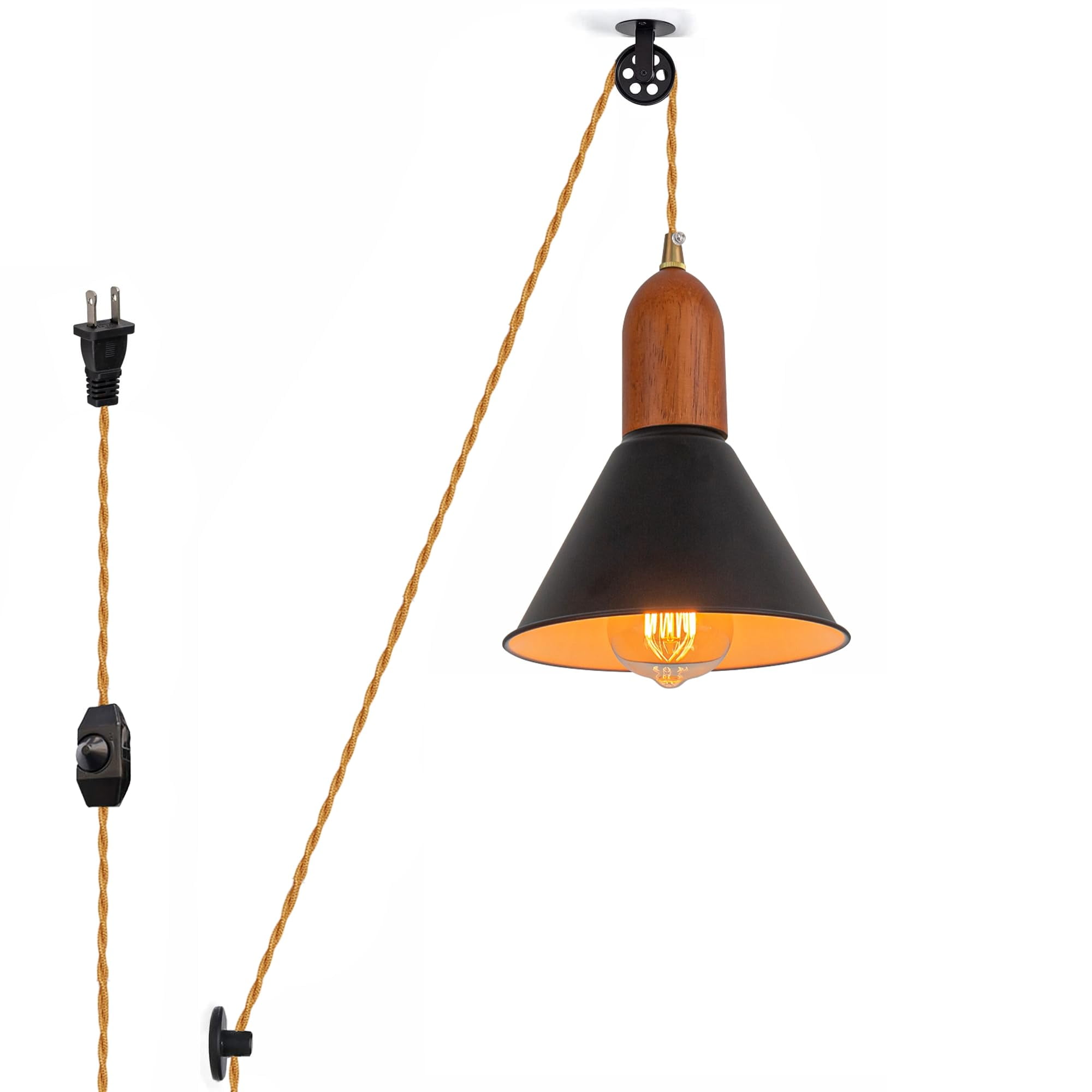 FSLiving No Wiring Needed Dimmable Swag Pendant Light with Industrial ...
