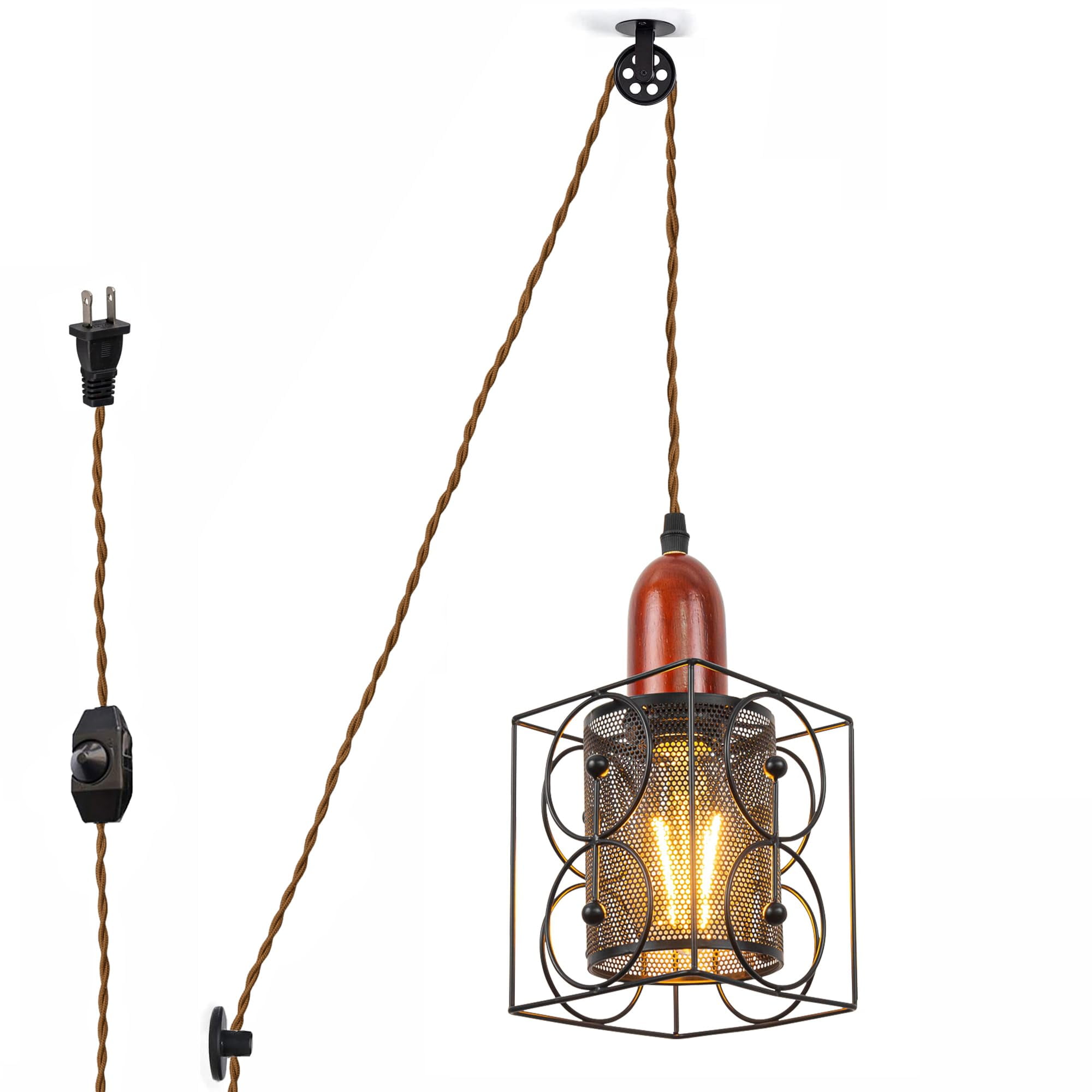 FSLiving No Wiring Needed Handle Pendant Light Swag with Industrial ...