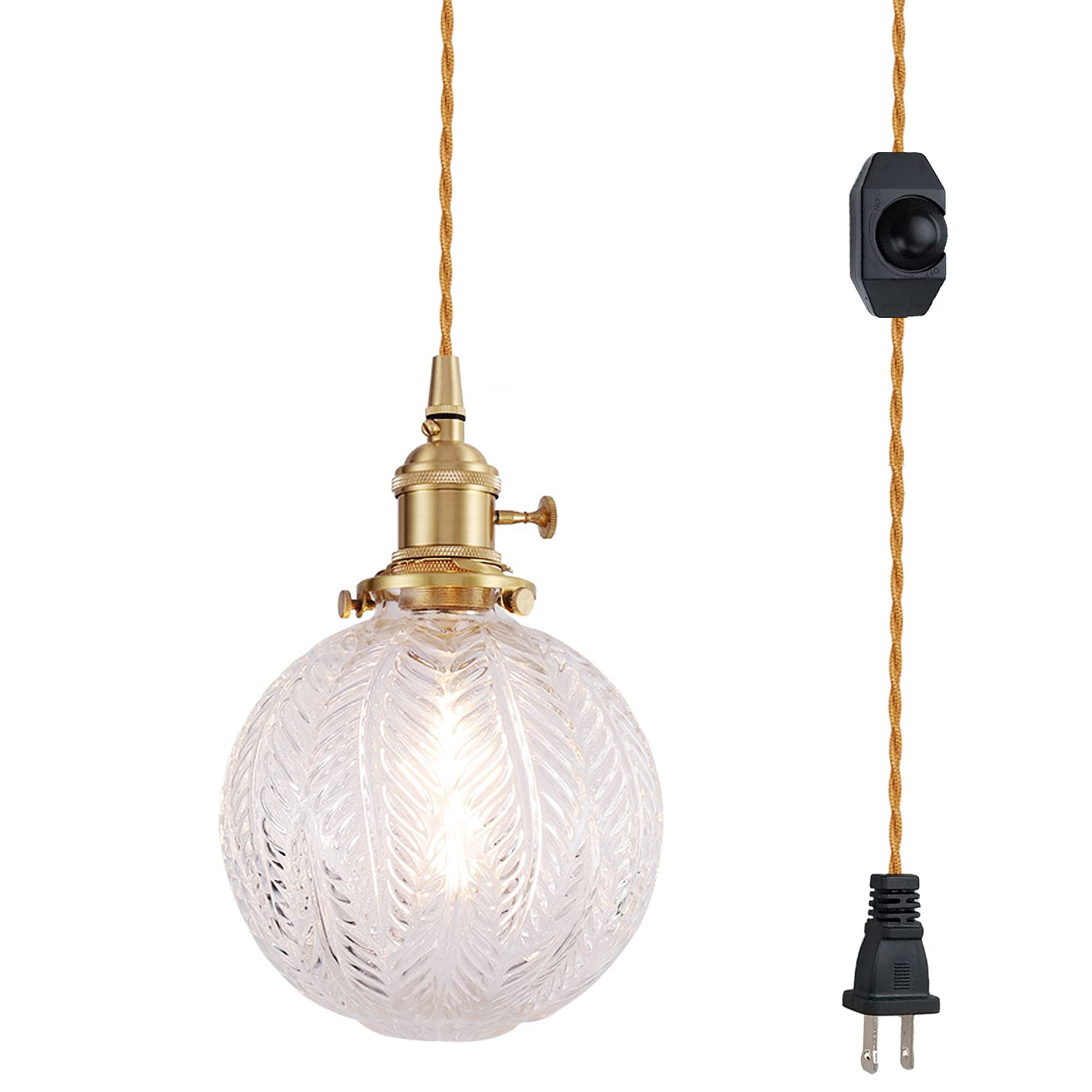 FSLiving No Wiring Needed Pendant Light with 15ft Plug-in Gold Braided ...