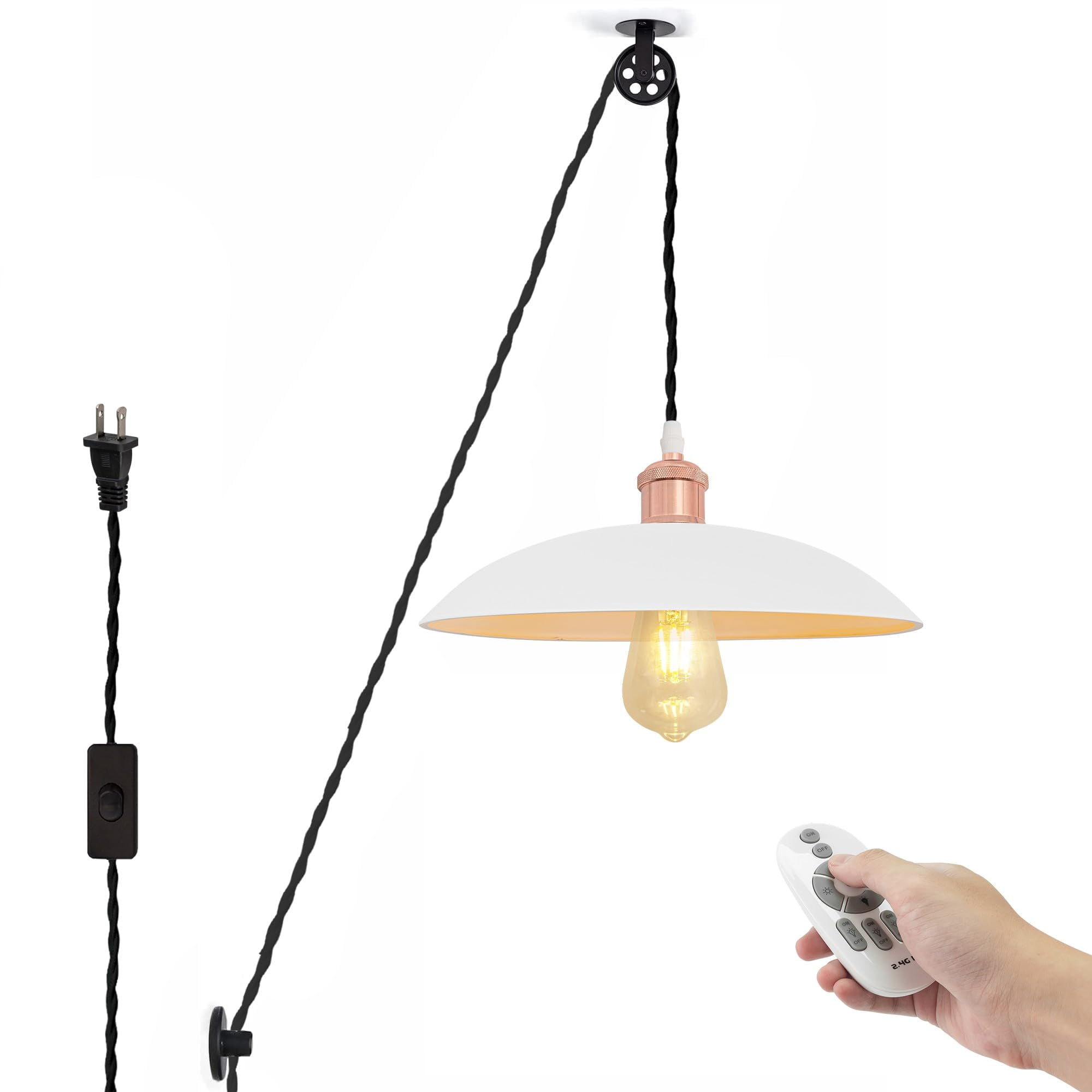 FSLiving No Wiring Needed Pendant Lighting with Industrial Pulley ...