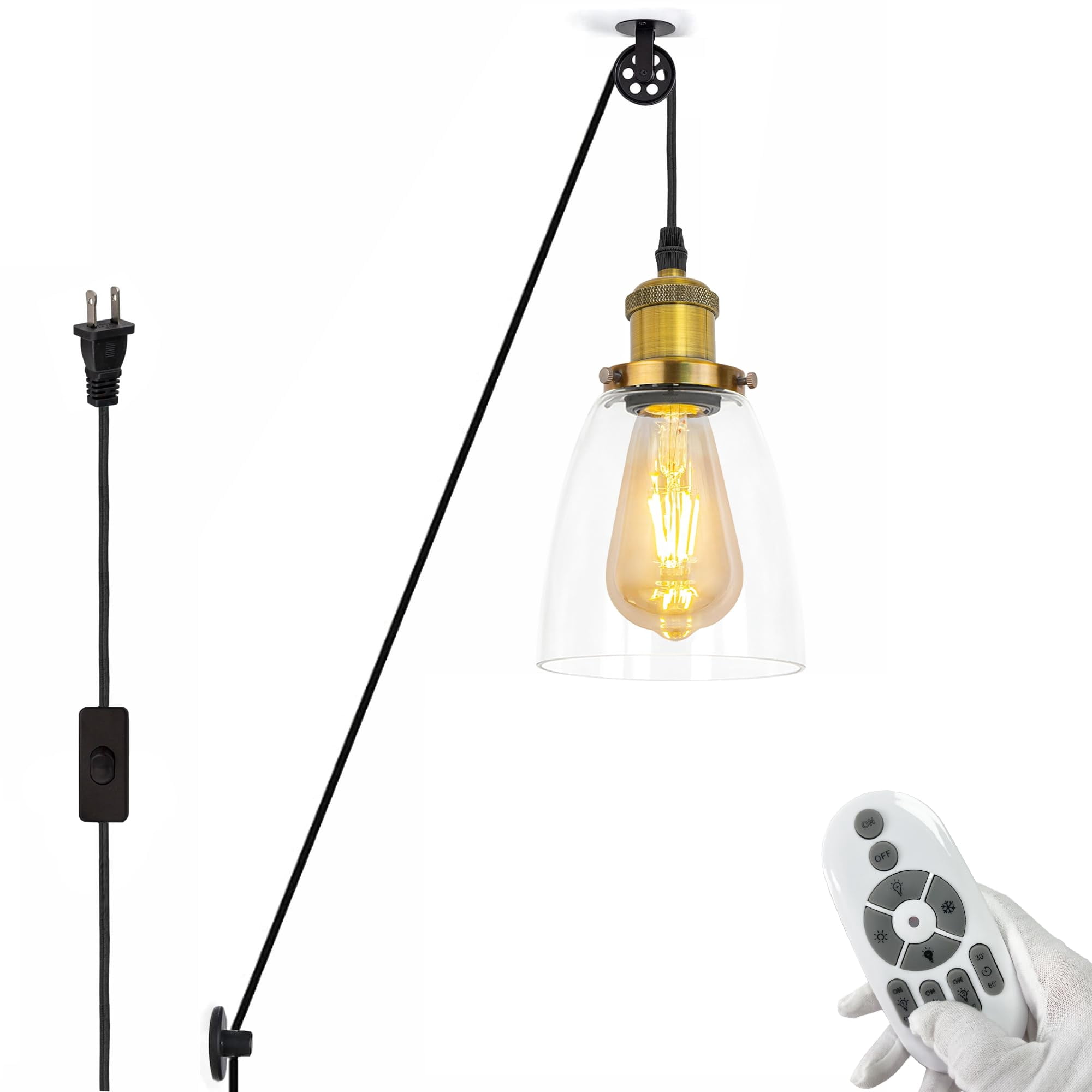 FSLiving No Wiring Needed Pendant Lighting Swag with Industrial Pulley ...