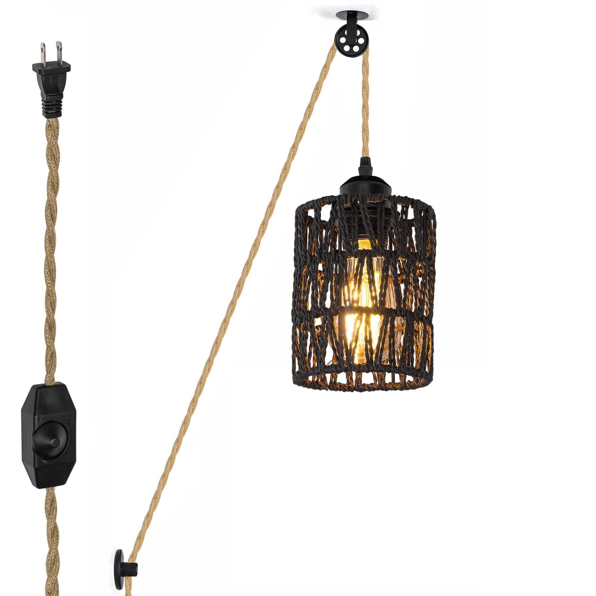 FSLiving No Wiring Needed Pendant Lighting Swag with Industrial Pulley ...
