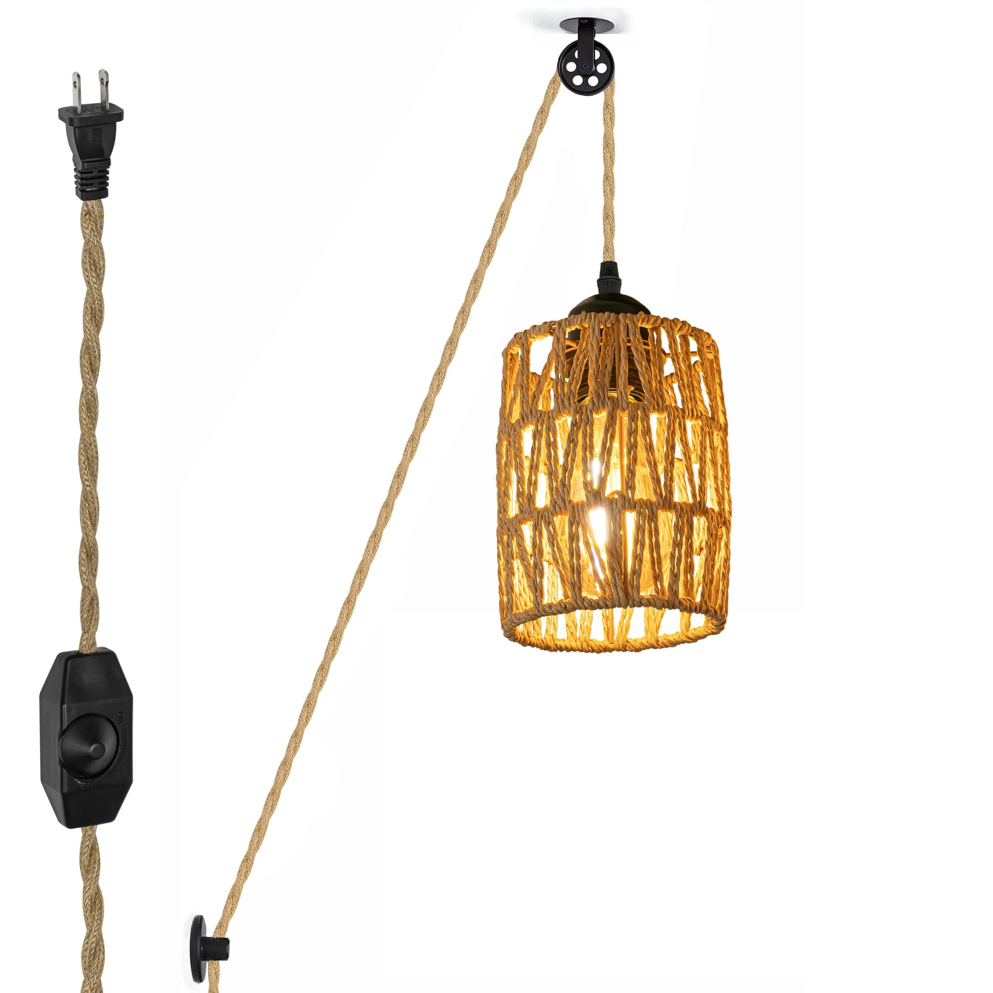 FSLiving No Wiring Needed Pendant Lighting Swag with Industrial Pulley ...