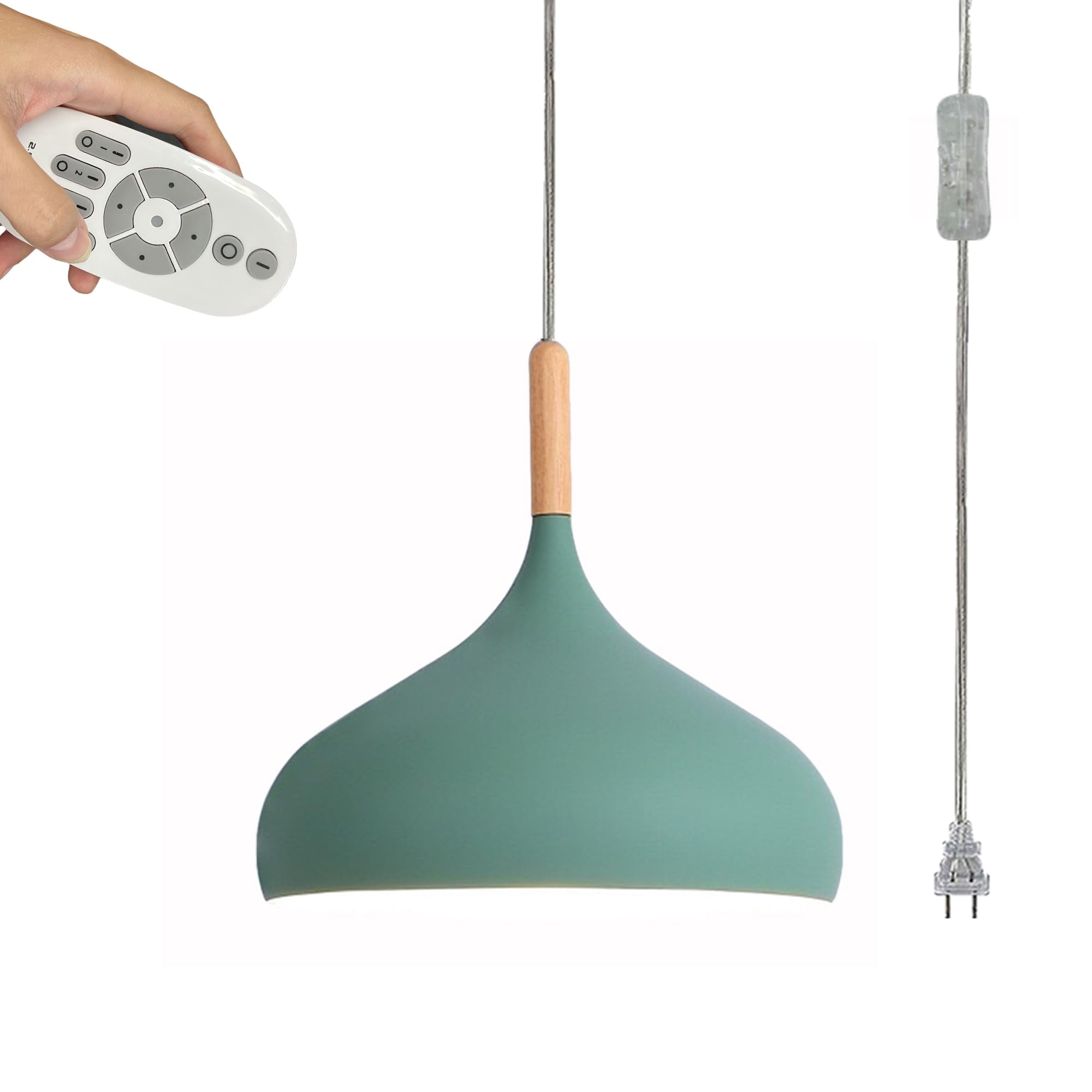 FSLiving Wooden Handle Dimmable Pendant Light with 15ft Plug-in UL On ...