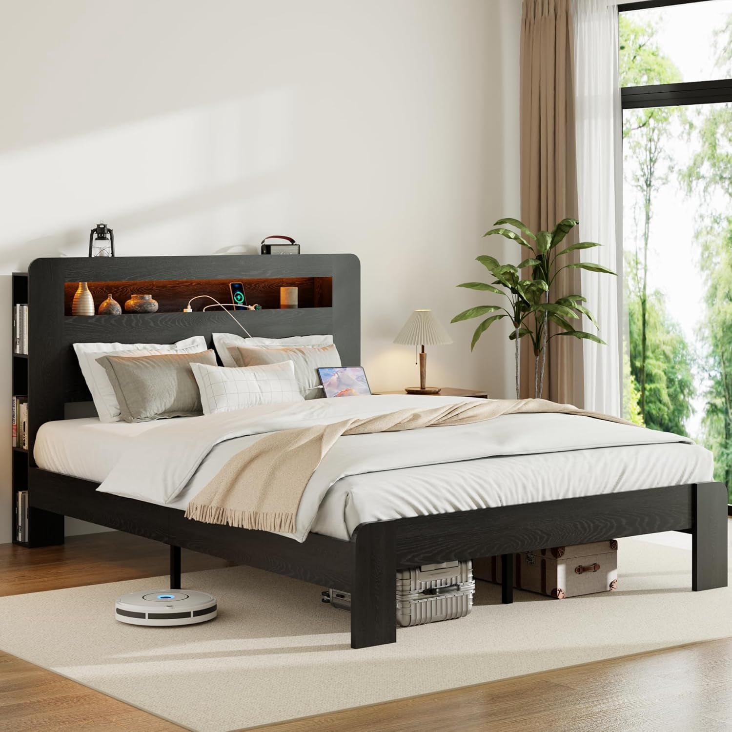 FSTAR Full Size Wooden Bed Frame with Bookcase Headboard, Storage ...