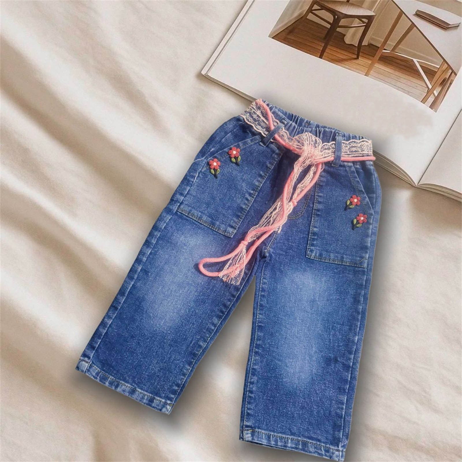 FSYBOA Girls Casual Jeans, Drawstring Summer Relaxed Fit Denim Kids ...