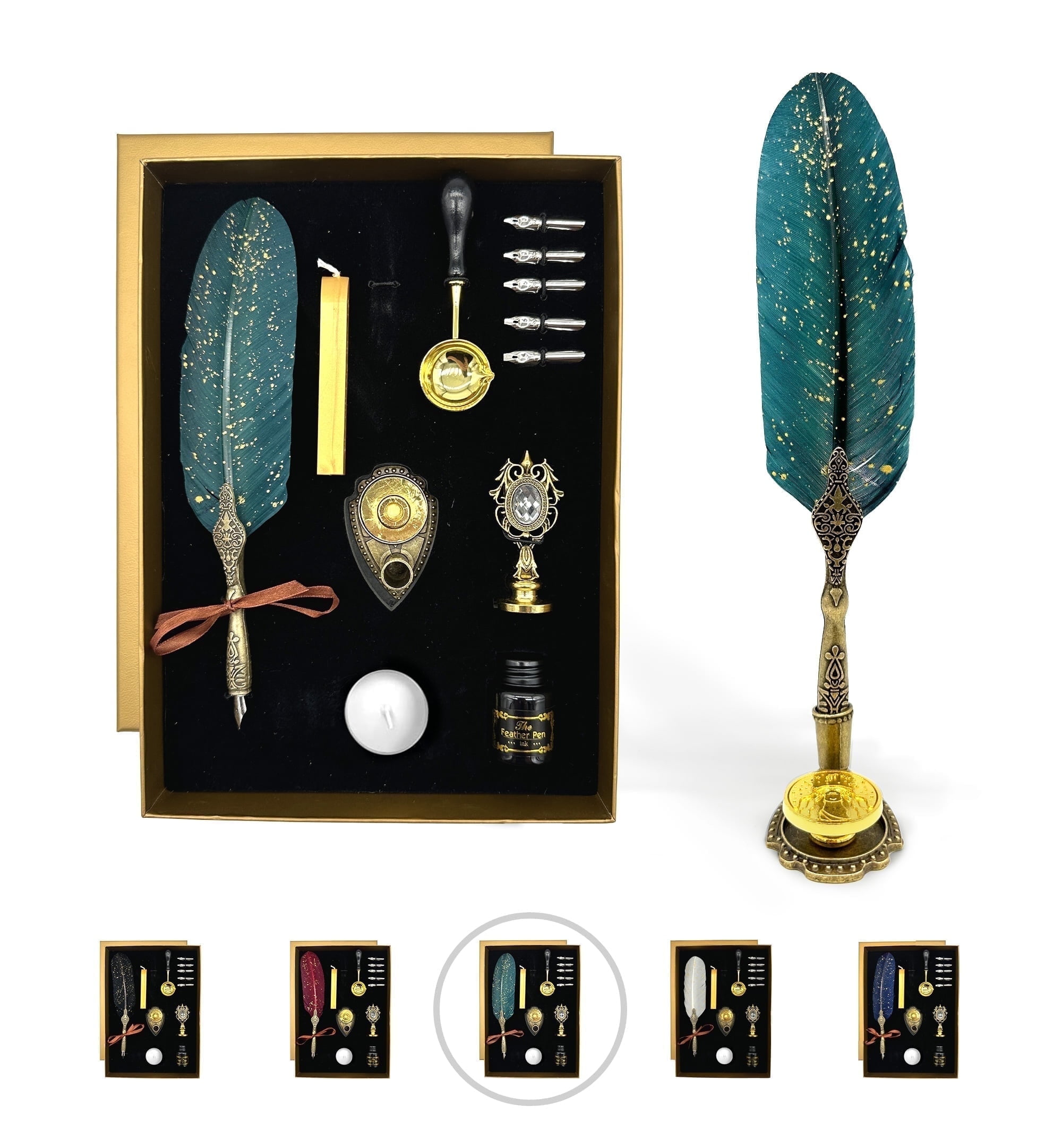 FTC Feather Quill Pen Calligraphy Set with 12 Zodiac Wax Seals, Ink ...