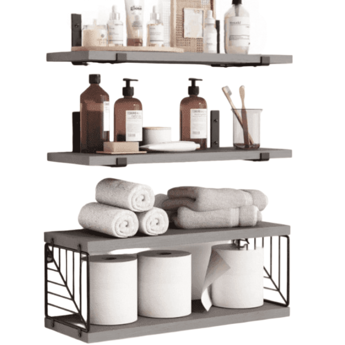 FTCBJJA 4-Tier Rustic Wood & Metal Bathroom Wall Shelves – Wall Mounted ...