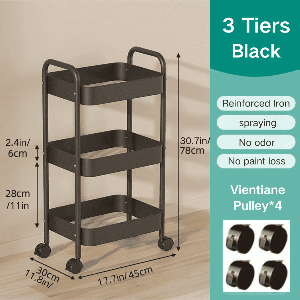 FTCBJJA Carbon Steel Storage Cart, 3-Tier Rolling Storage Mobile ...