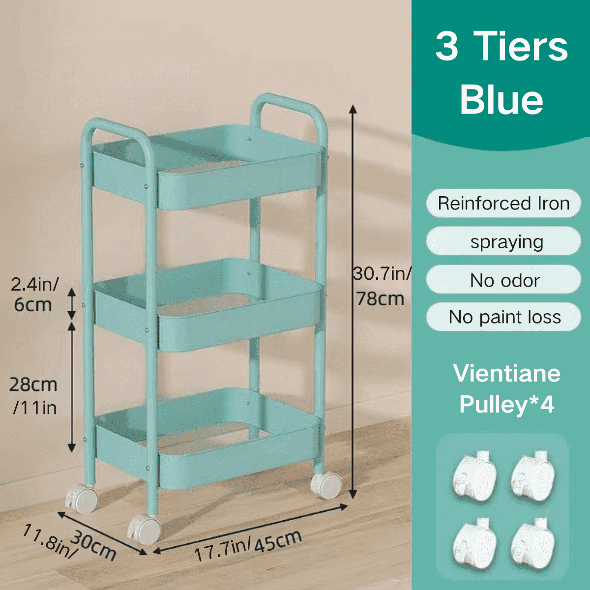 FTCBJJA Carbon Steel Storage Cart, 3-Tier Rolling Storage Mobile ...
