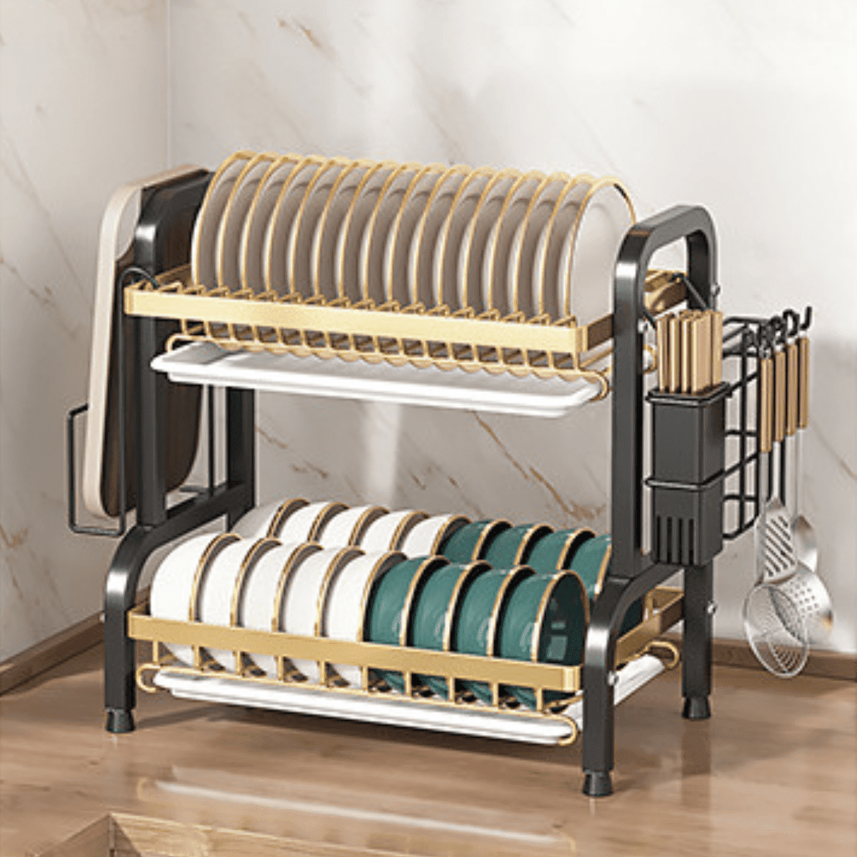 FTCBJJA Dish Drying Rack, 2 Tier Dish Drainer Organizer with 2 Drainer ...