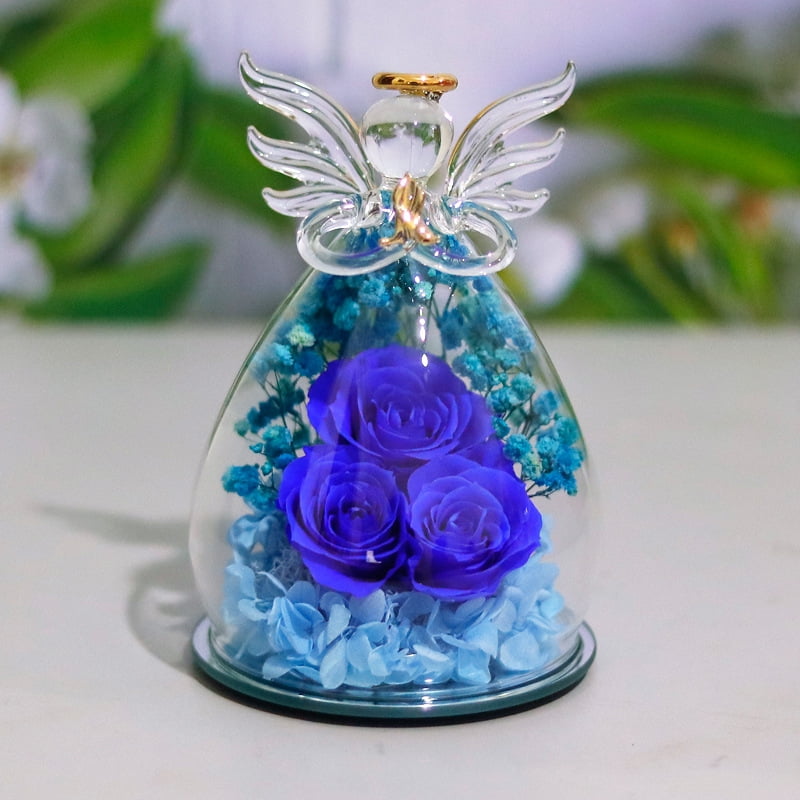 FTCBJJA Glass Angel Figurines with Three Roses Gifts, Preserved Forever ...